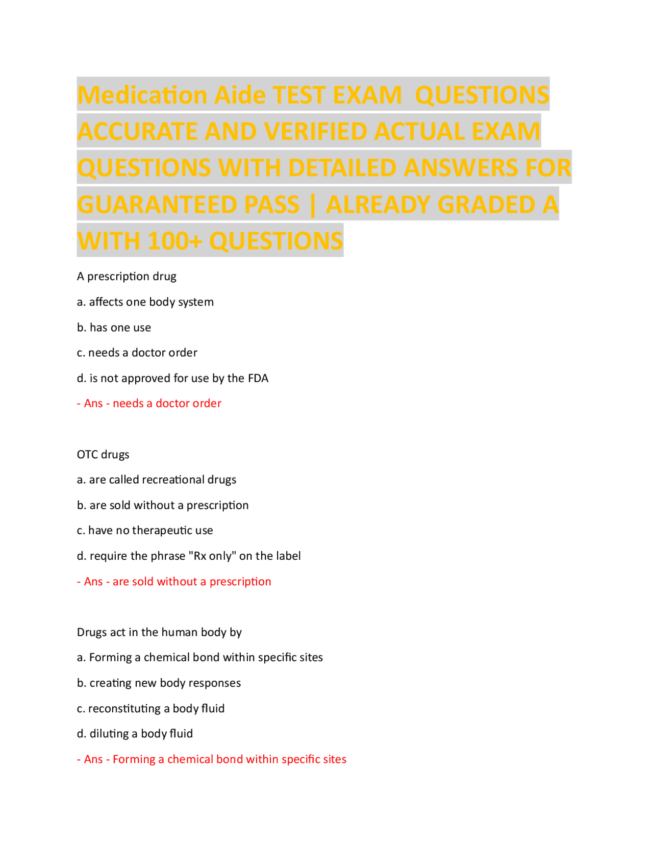Medication Aide TEST EXAM QUESTIONS ACCURATE AND VERIFIED ACTUAL EXAM ...