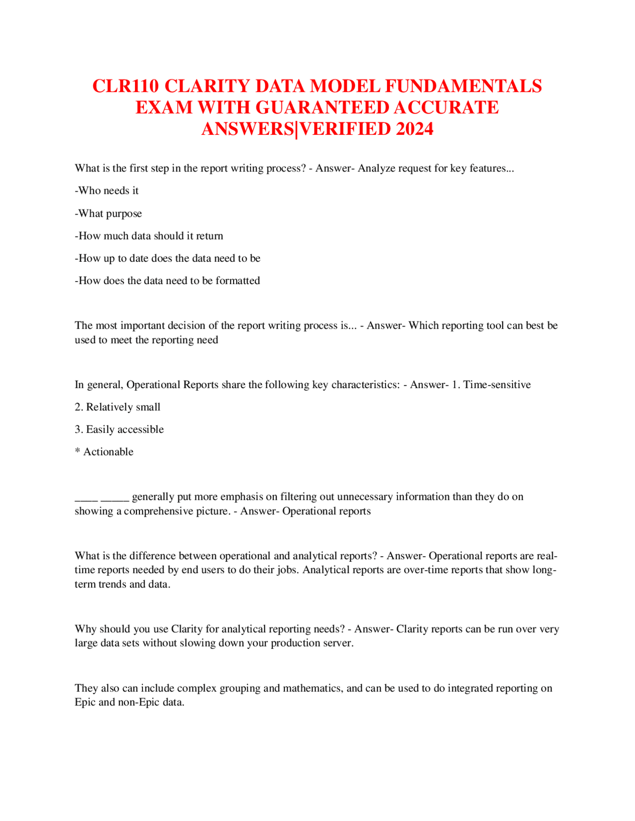 CLR110 Exam: Operational vs. Analytical Reporting in Clarity | Exams ...