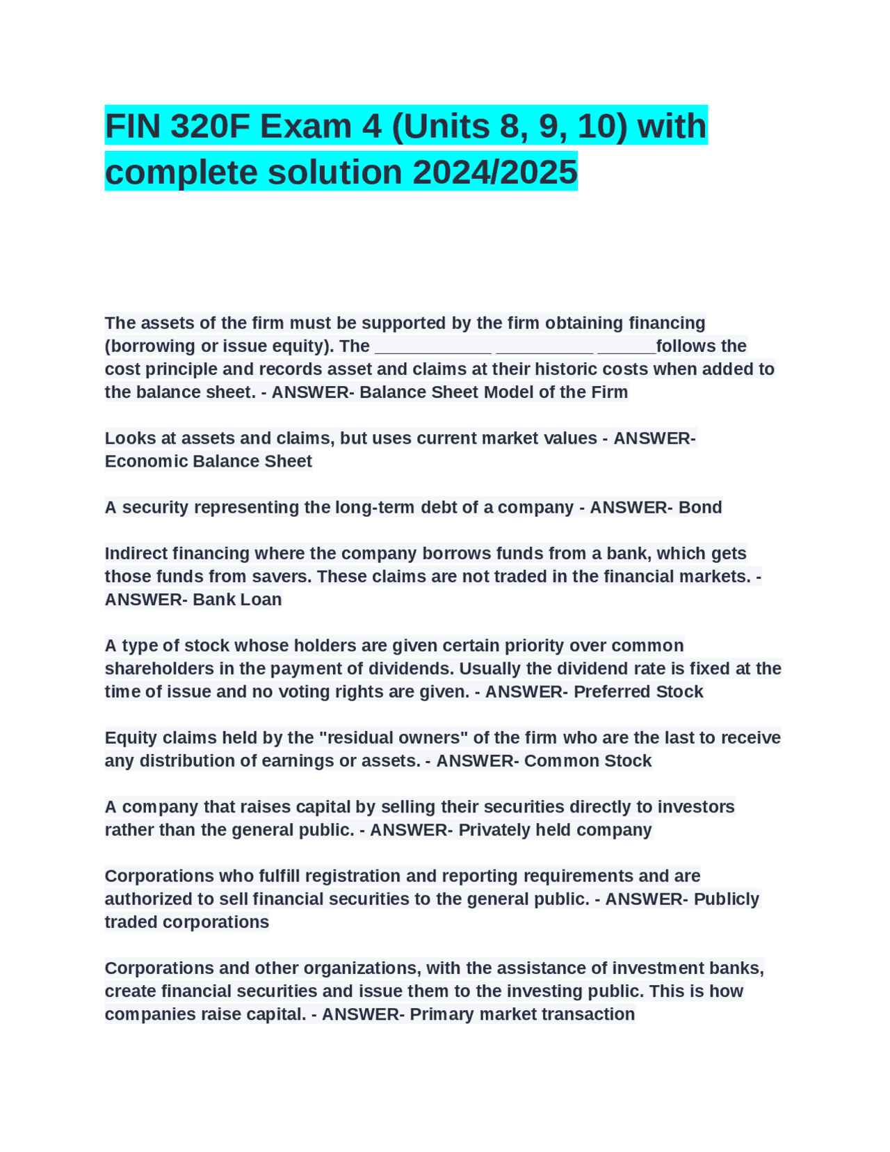 FIN 320F Exam 4 (Units 8, 9, 10) with complete solution 2024_2025.docx ...