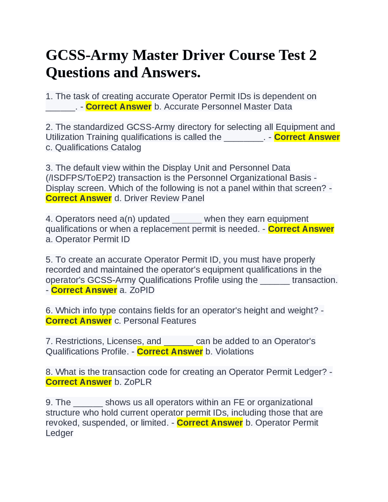 GCSS-Army Master Driver Course Test 2 Questions and Answers. | Exams ...