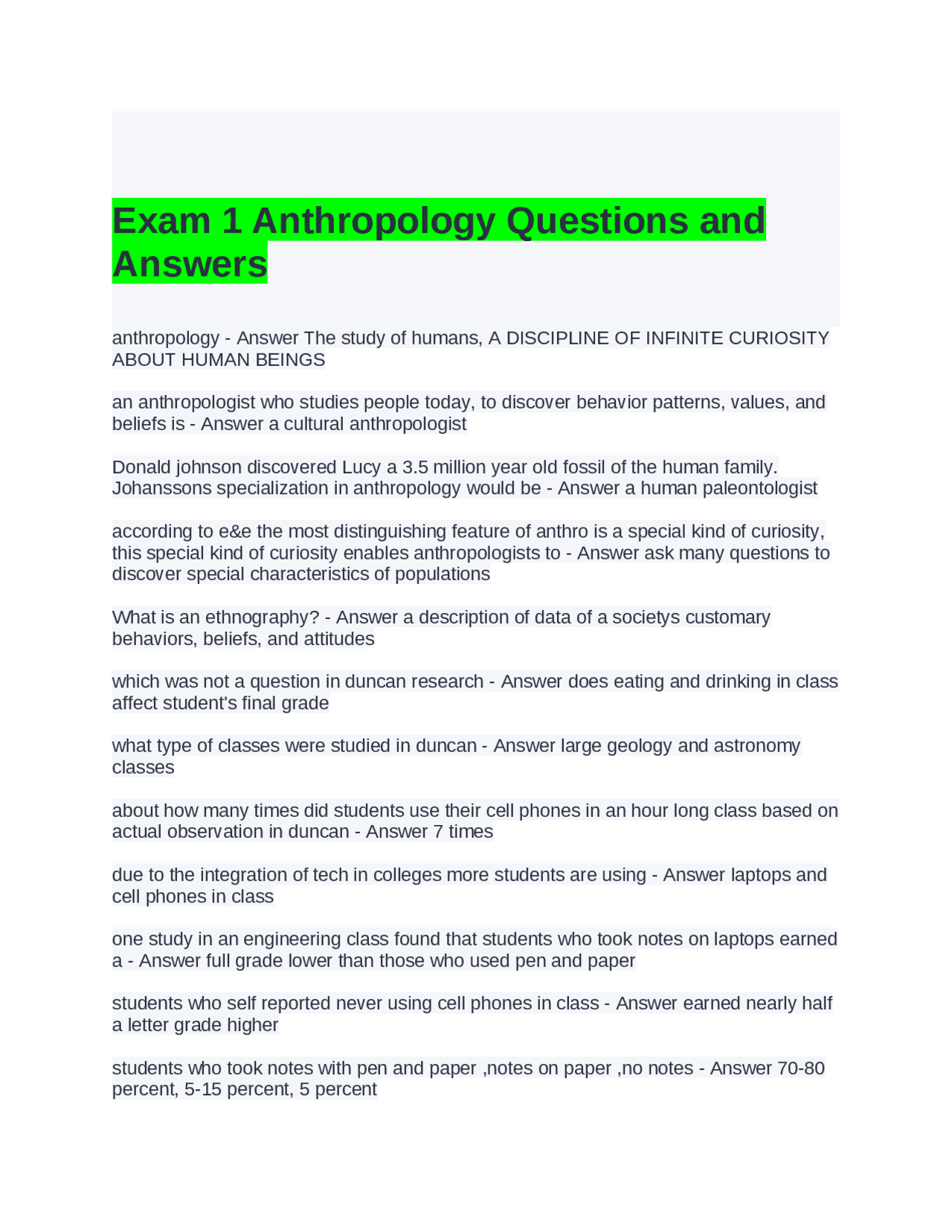 Exam 1 Anthropology Questions and Answers | Exams Nursing | Docsity