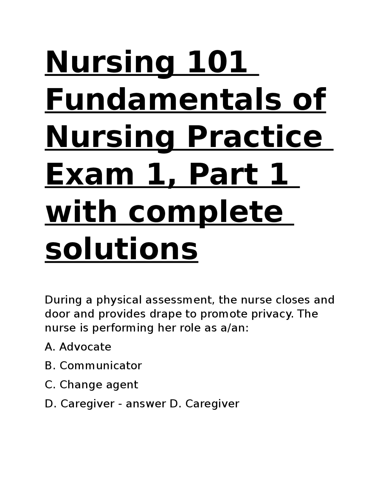 Nursing 101 Fundamentals of Nursing Practice Exam 1, Part 1 with complete solutions.docx | Exams ...