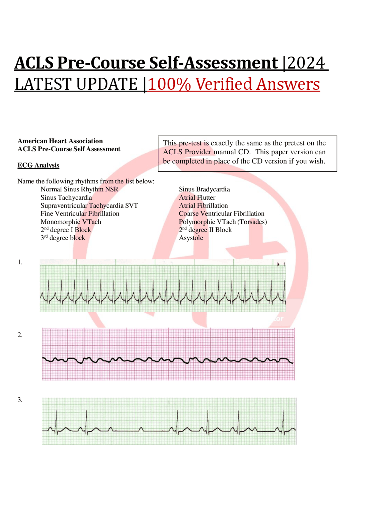 ACLS Pre-Course Self-Assessment |2024 LATEST UPDATE |100% Verified ...