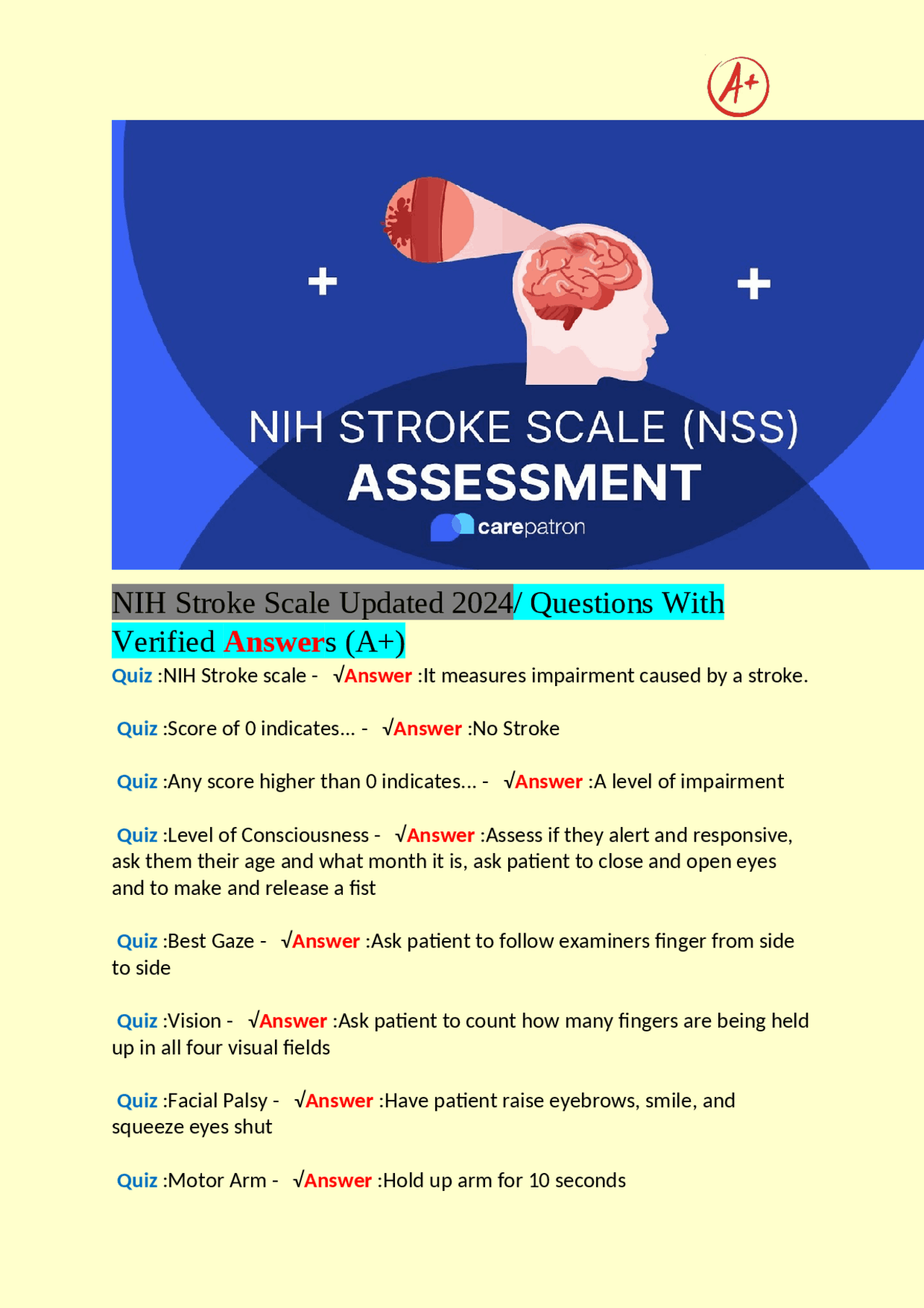 NIH Stroke Scale Updated 2024/ Questions With Verified Answers (A+ ...