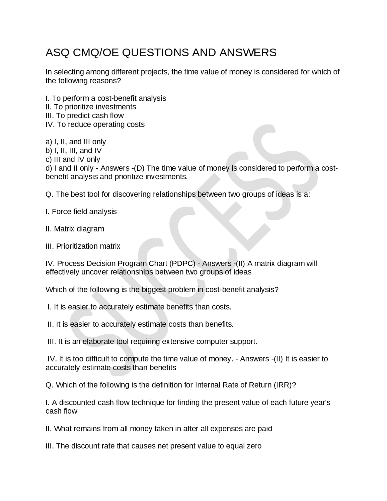 ASQ CMQ/OE QUESTIONS AND ANSWERS | Exams Science education | Docsity