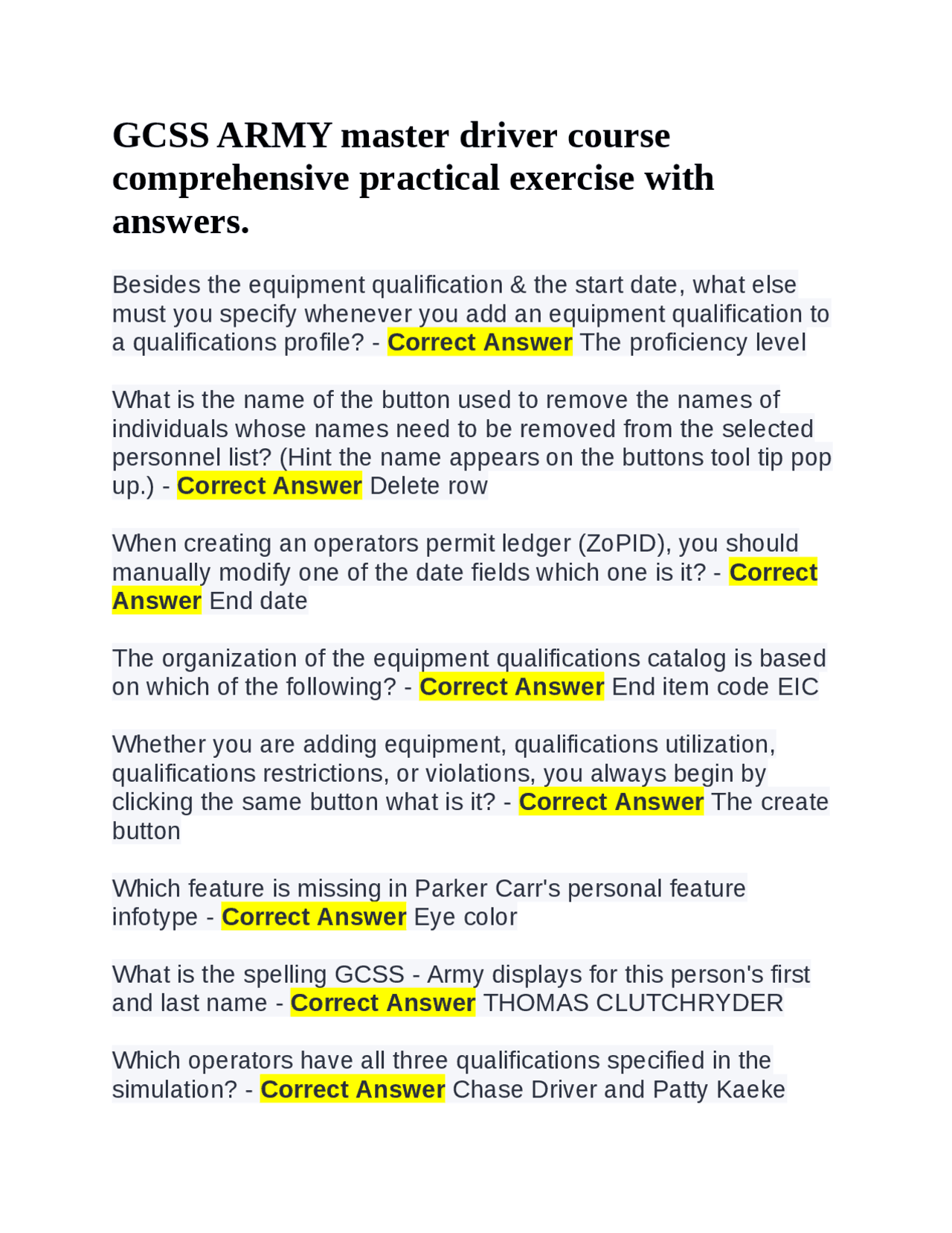 GCSS ARMY master driver course comprehensive practical exercise with answers. | Exams Military ...