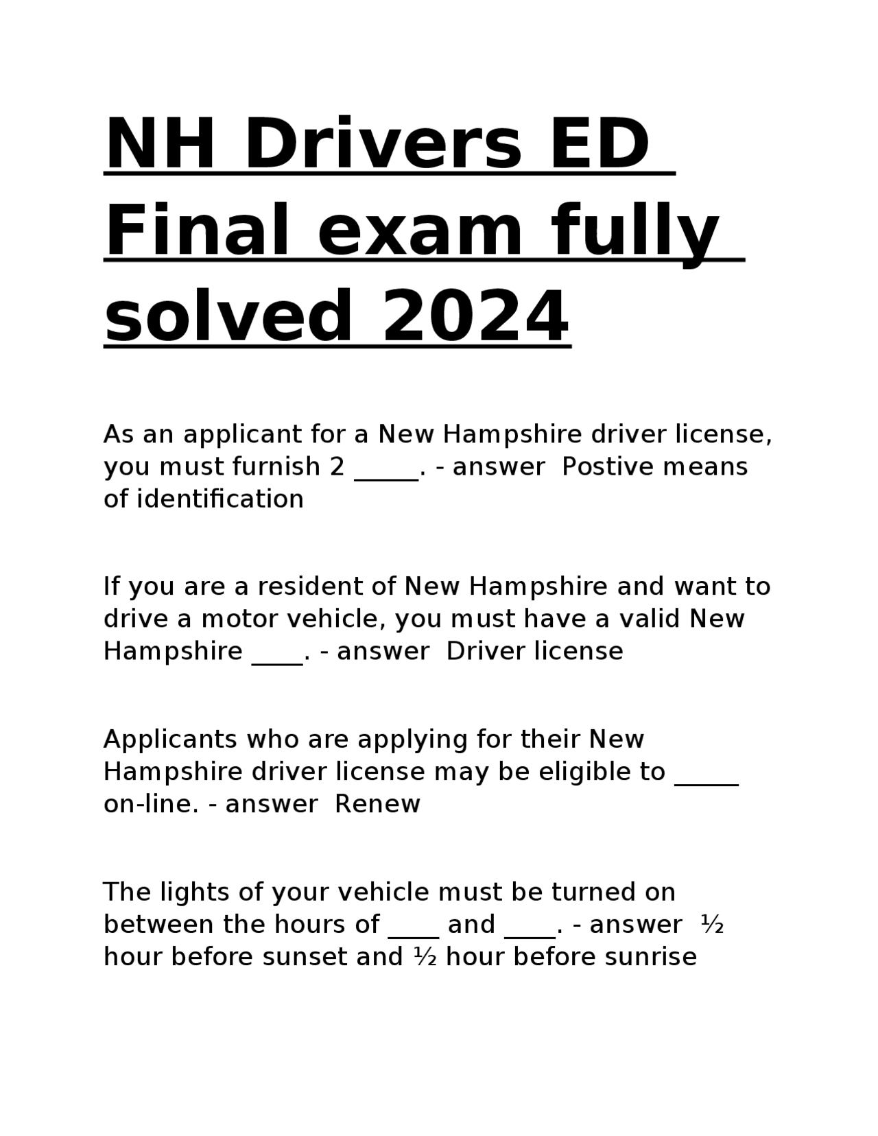 NH Drivers ED Final exam fully solved 2024 | Exams Biology | Docsity