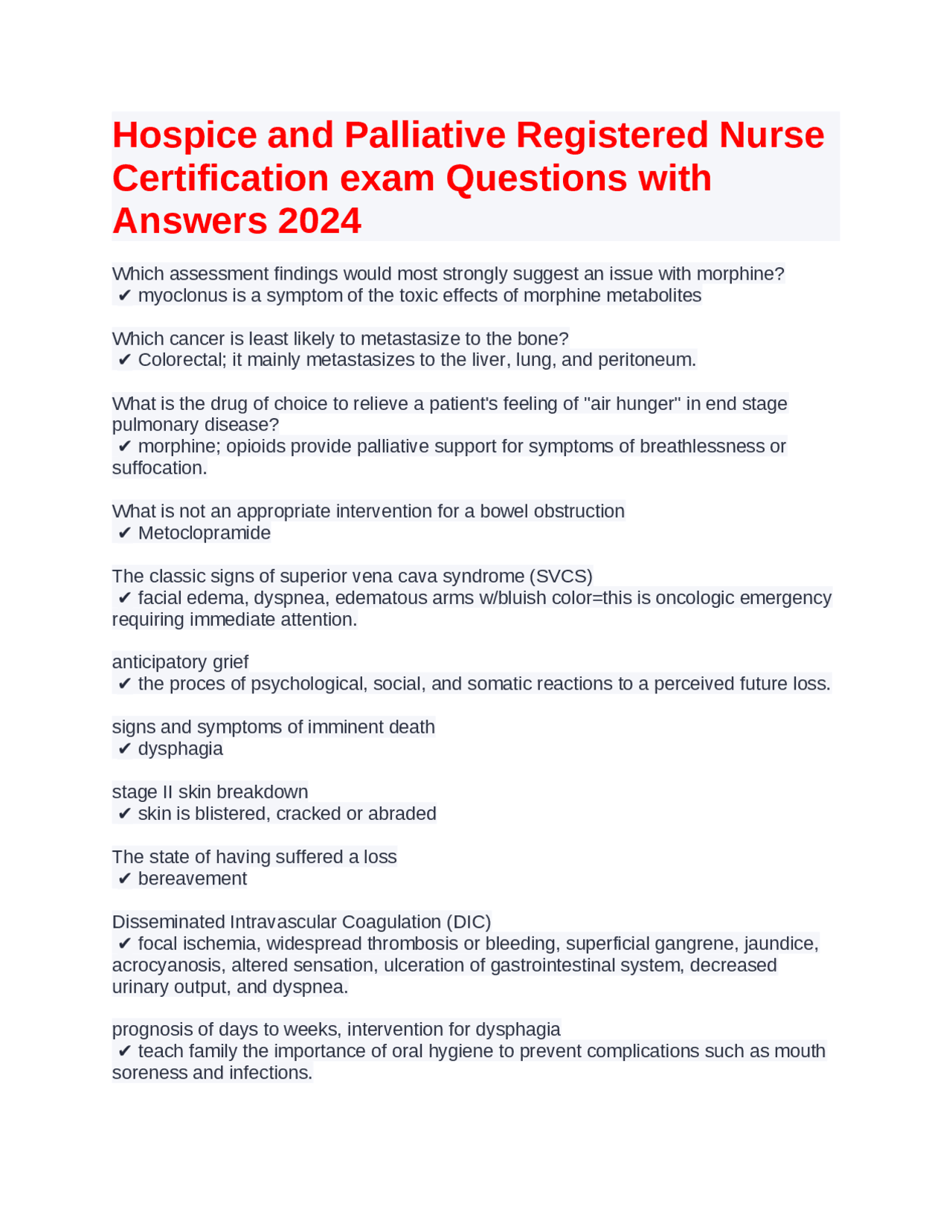 Hospice and Palliative Registered Nurse Certification exam Questions ...