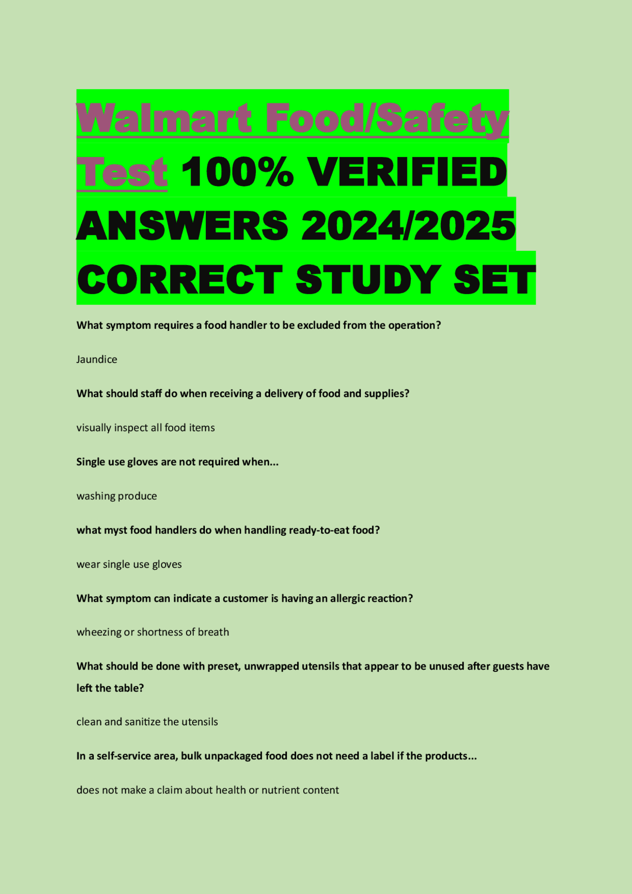 Walmart Food/Safety Test 100% VERIFIED ANSWERS 2024/2025 CORRECT STUDY ...