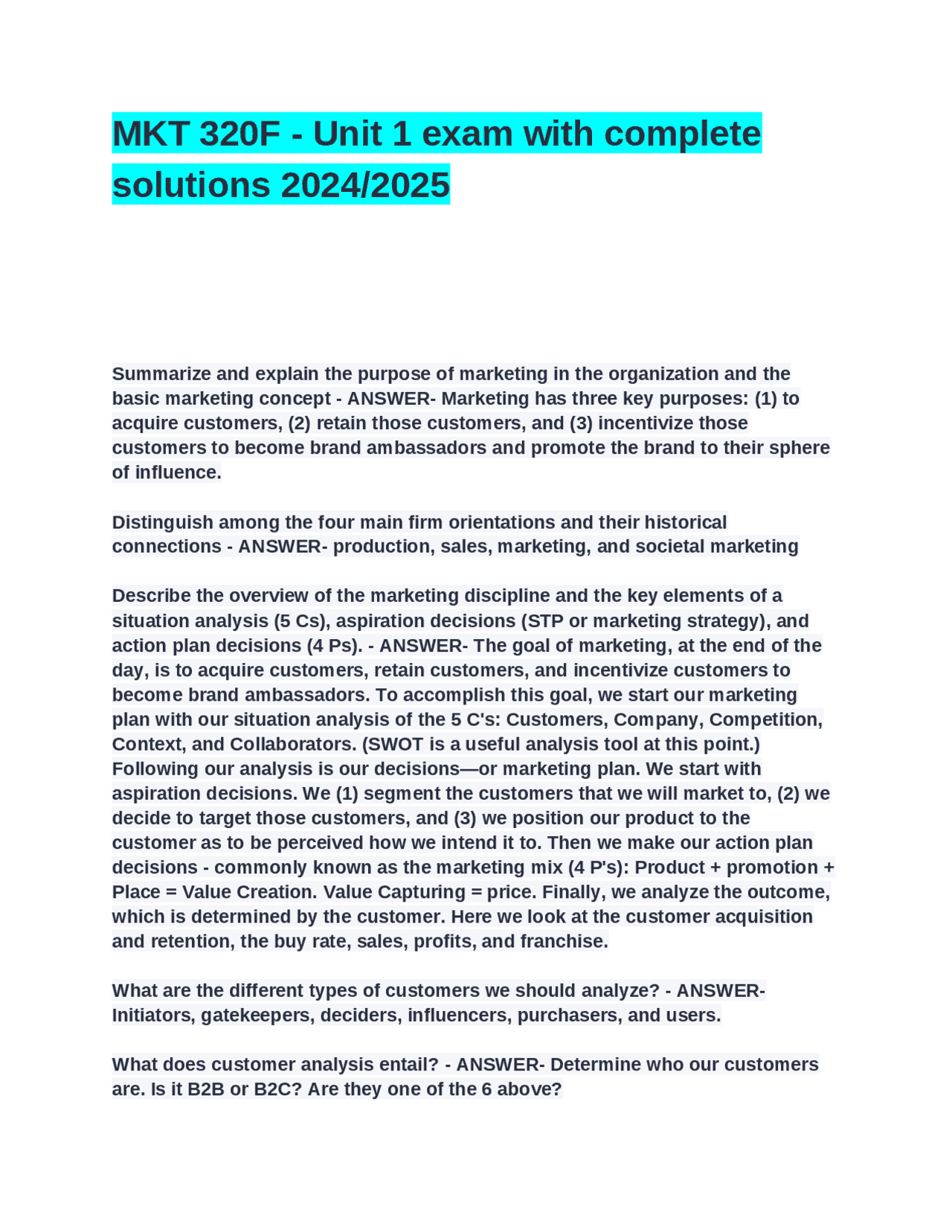 MKT 320F - Unit 1 exam with complete solutions 2024_2025 | Exams ...