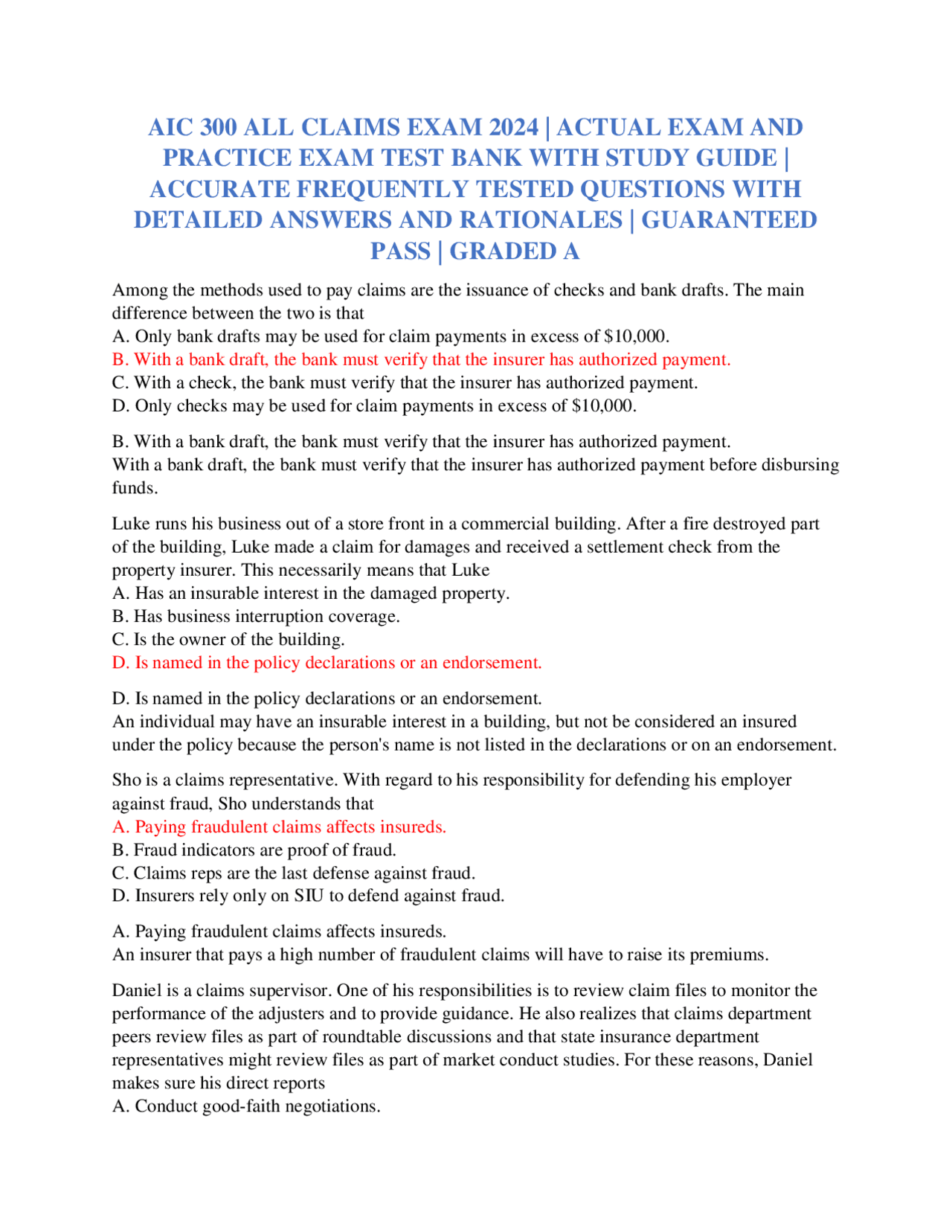 AIC 300 ALL CLAIMS EXAM 2024 | Exams Business Management and Analysis ...