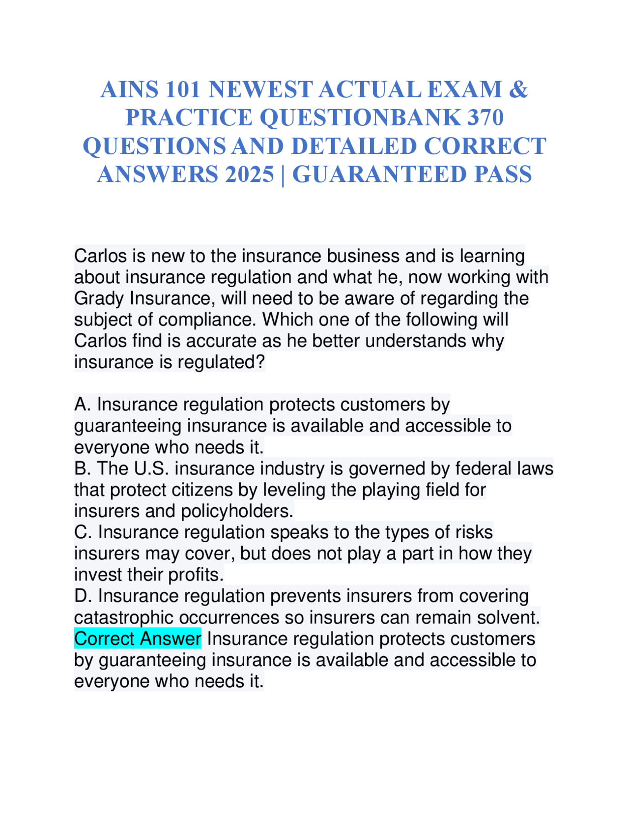 AINS 101 NEWEST ACTUAL EXAM & PRACTICE QUESTIONBANK 370 QUESTIONS AND ...