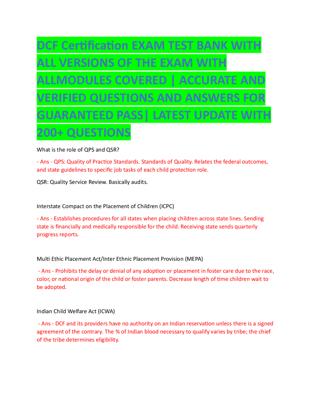 DCF Certification EXAM TEST BANK WITH ALL VERSIONS OF THE EXAM WITH ...