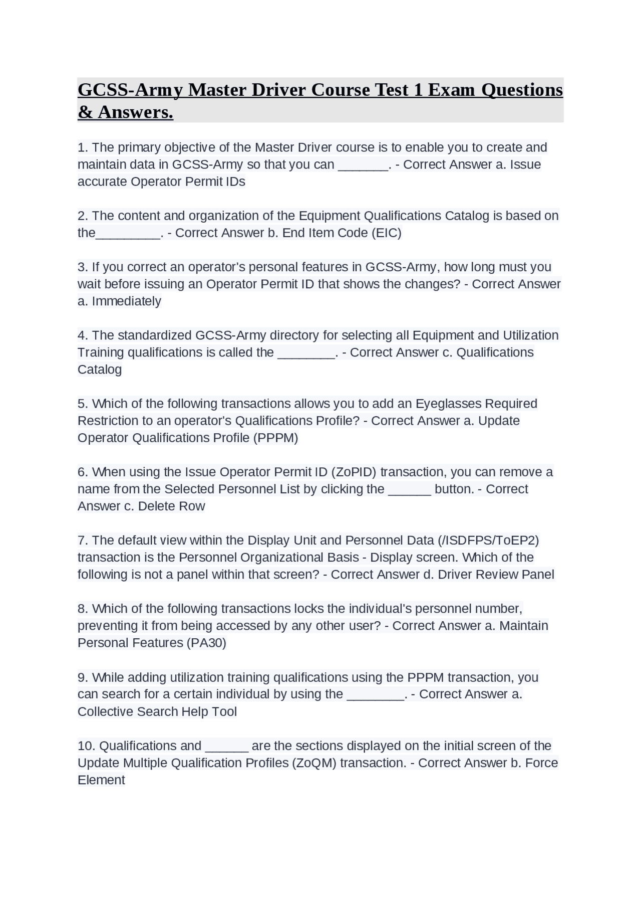 GCSS-Army Master Driver Course Test 1 Exam Questions & Answers. | Exams ...