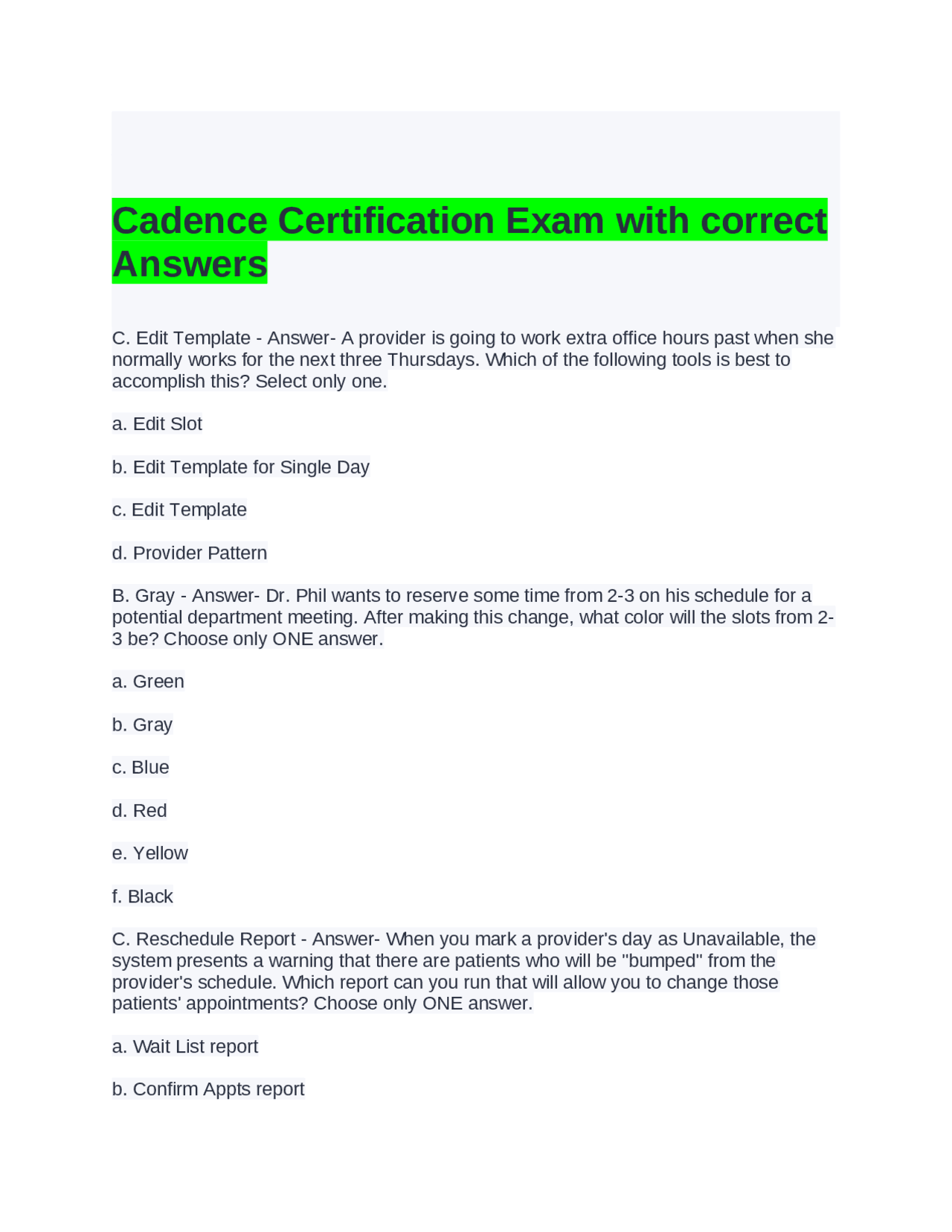 Cadence Certification Exam with correct Answers | Exams Nursing | Docsity