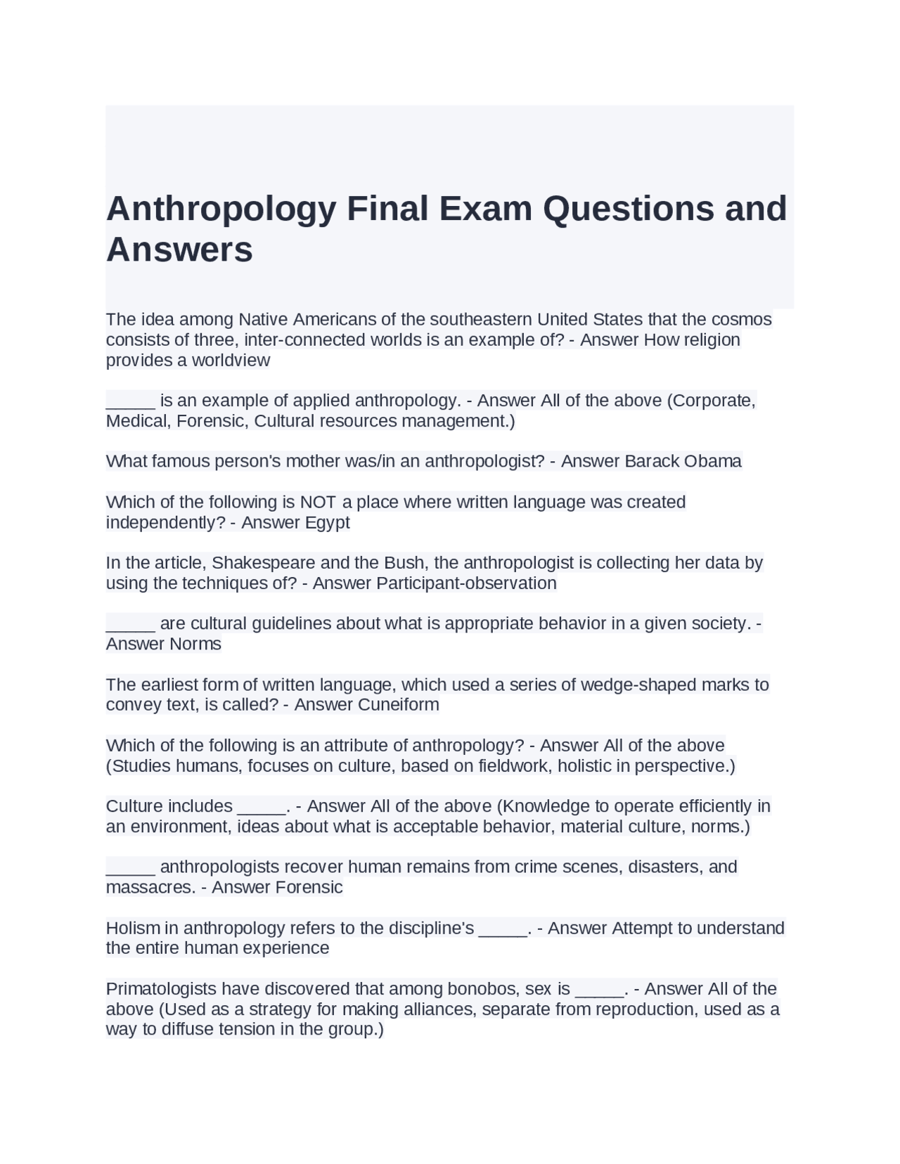 Anthropology Final Exam Questions and Answers | Exams Nursing | Docsity