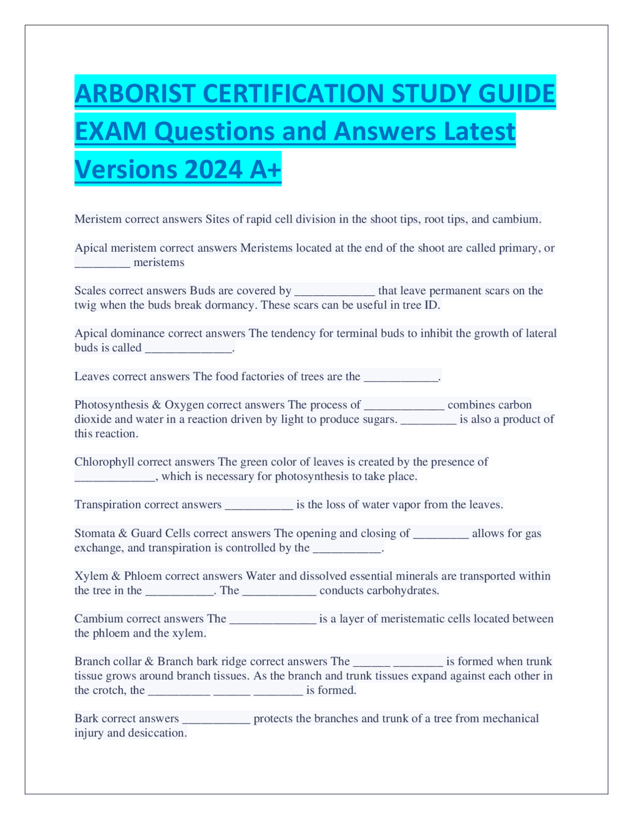 ARBORIST CERTIFICATION STUDY GUIDE EXAM Questions and Answers Latest ...