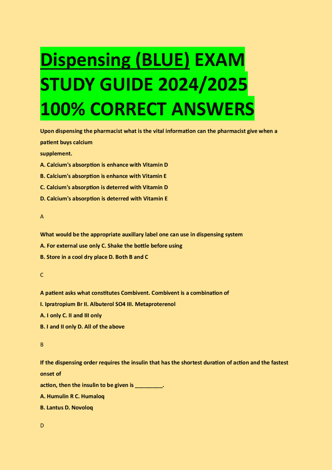 Dispensing (BLUE) EXAM STUDY GUIDE 2024/2025 100% CORRECT ANSWERS ...