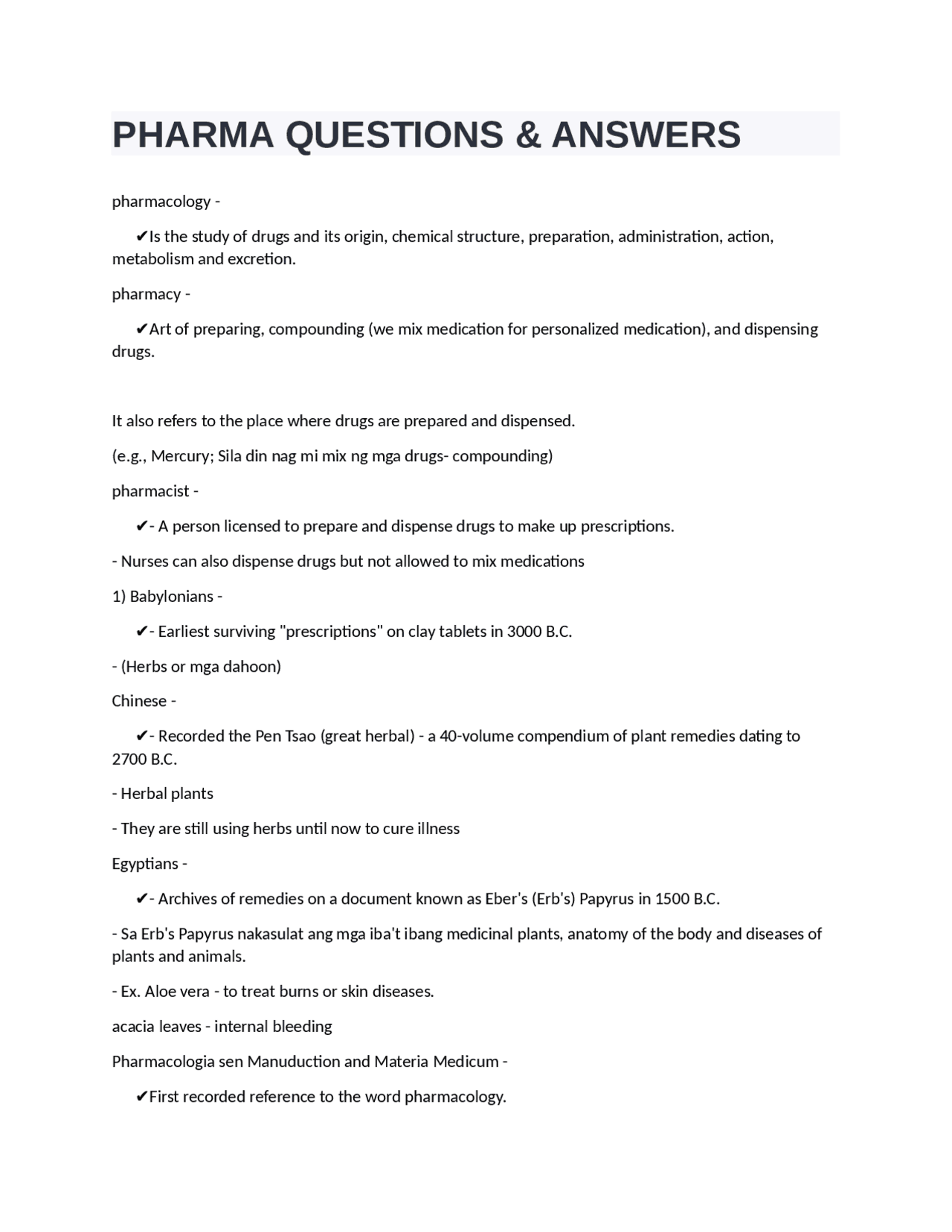 PHARMA QUESTIONS & ANSWERS | Exams Pharmacology | Docsity