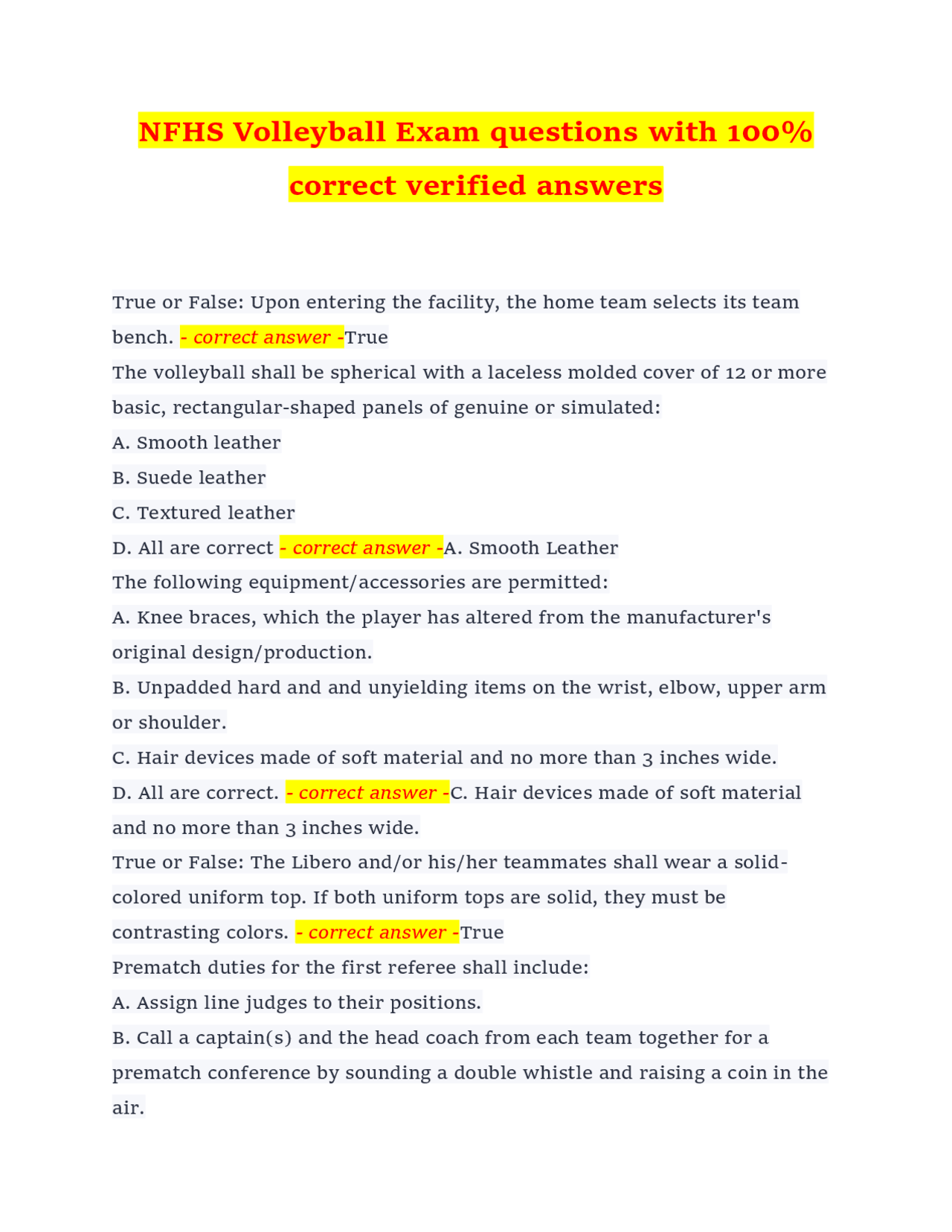 NFHS Volleyball Exam questions with 100% correct verified answers ...