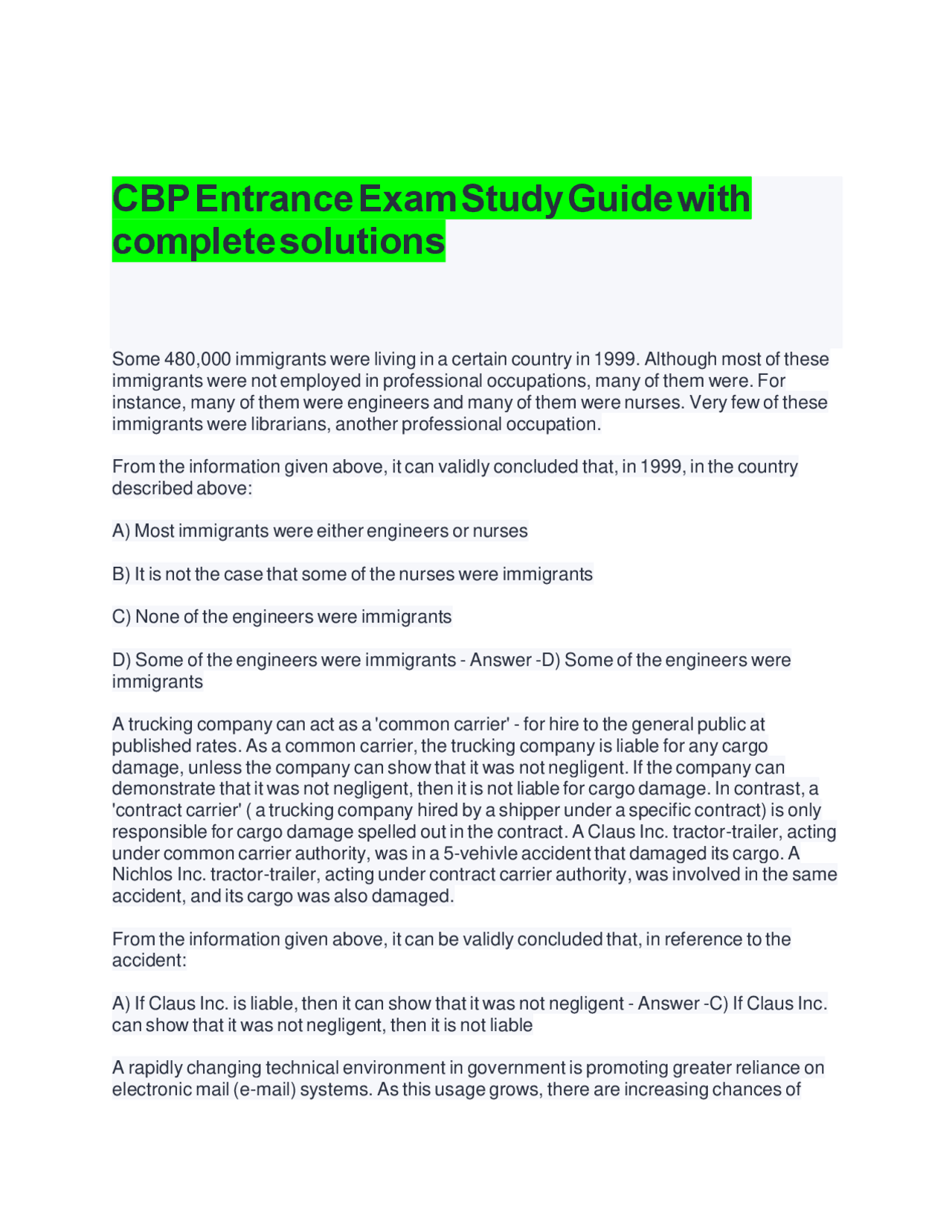 CBP Entrance Exam Study Guide with complete | Exams Nursing | Docsity