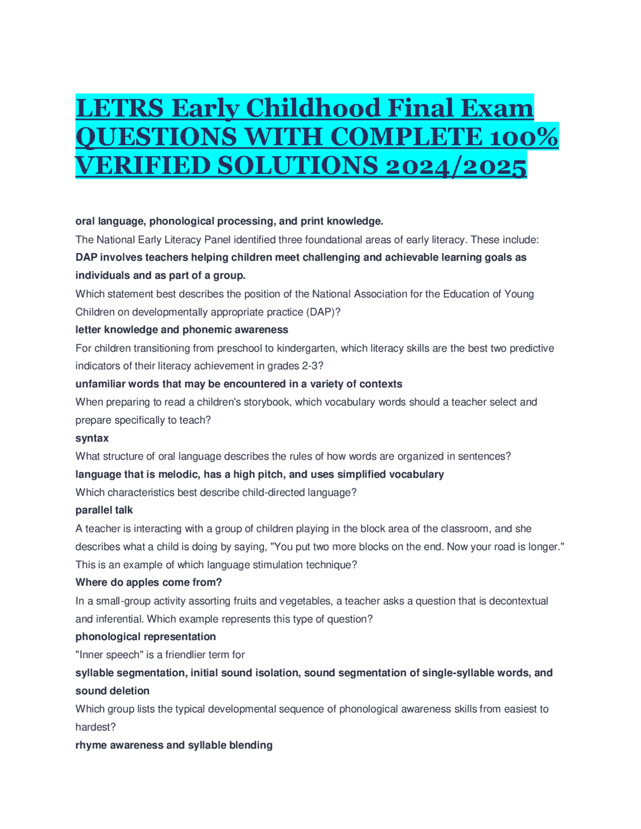 LETRS Early Childhood Final Exam QUESTIONS WITH COMPLETE 100% VERIFIED ...