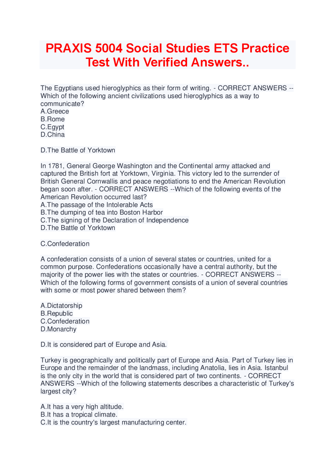 PRAXIS 5004 Social Studies ETS Practice Test With Verified Answers ...