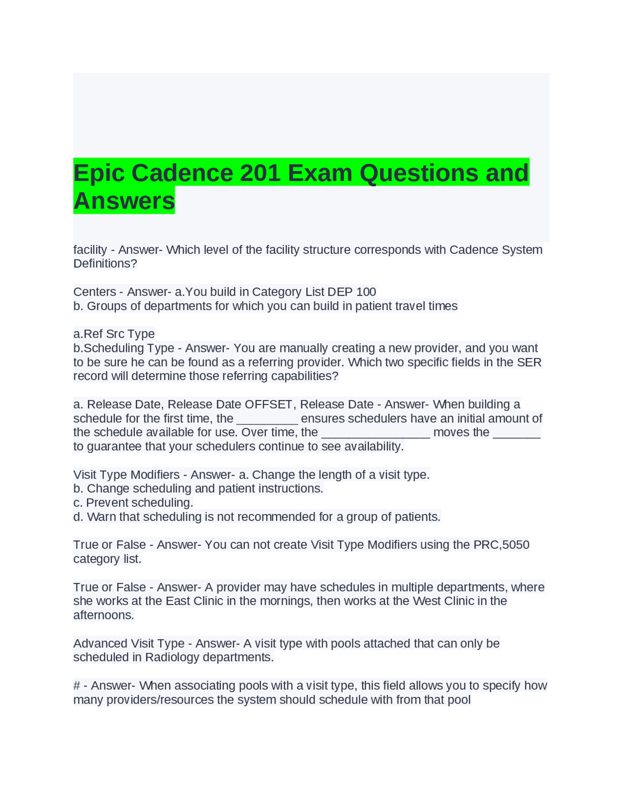 Epic Cadence 201 Exam Questions and Answers | Exams Nursing | Docsity