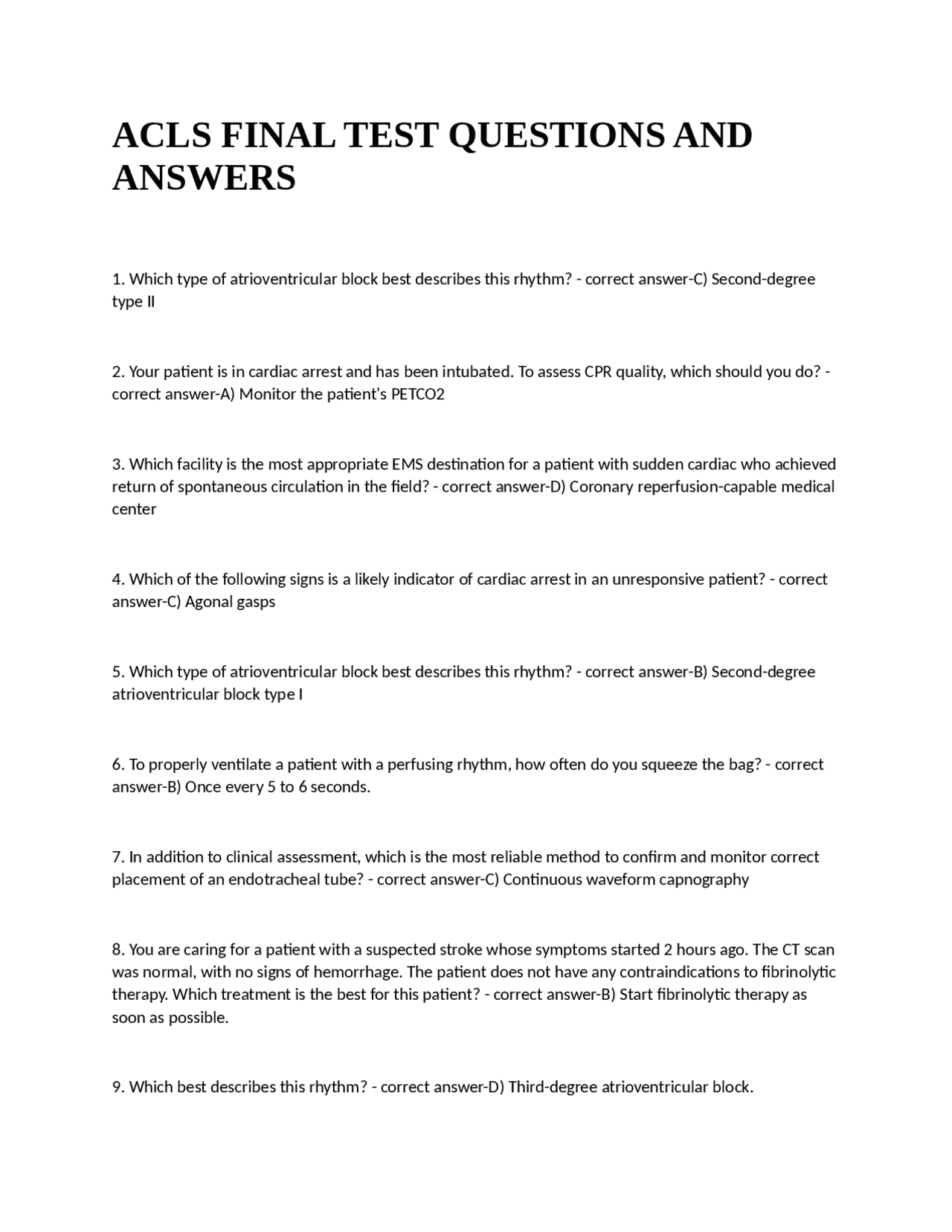 ACLS FINAL TEST QUESTIONS AND ANSWERS. | Exams Nursing | Docsity