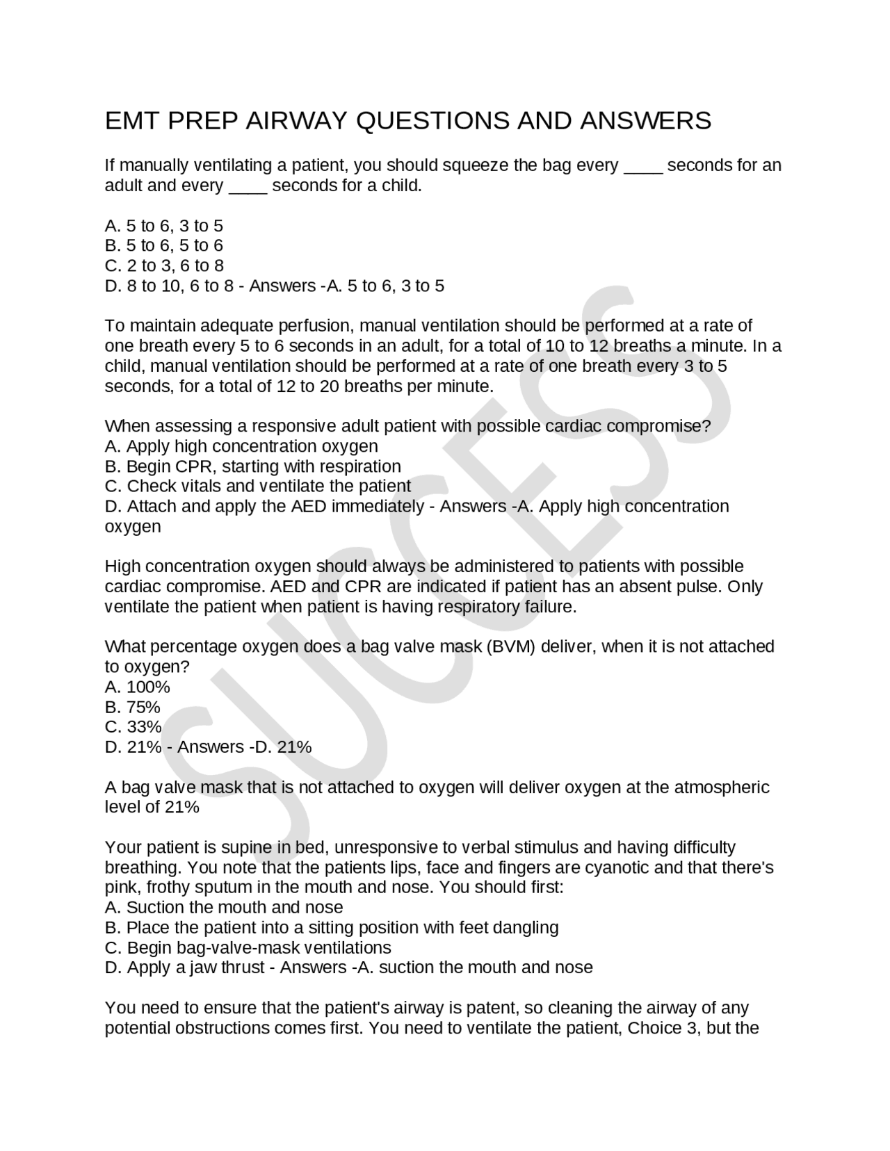 EMT PREP AIRWAY QUESTIONS AND ANSWERS | Exams Nursing | Docsity