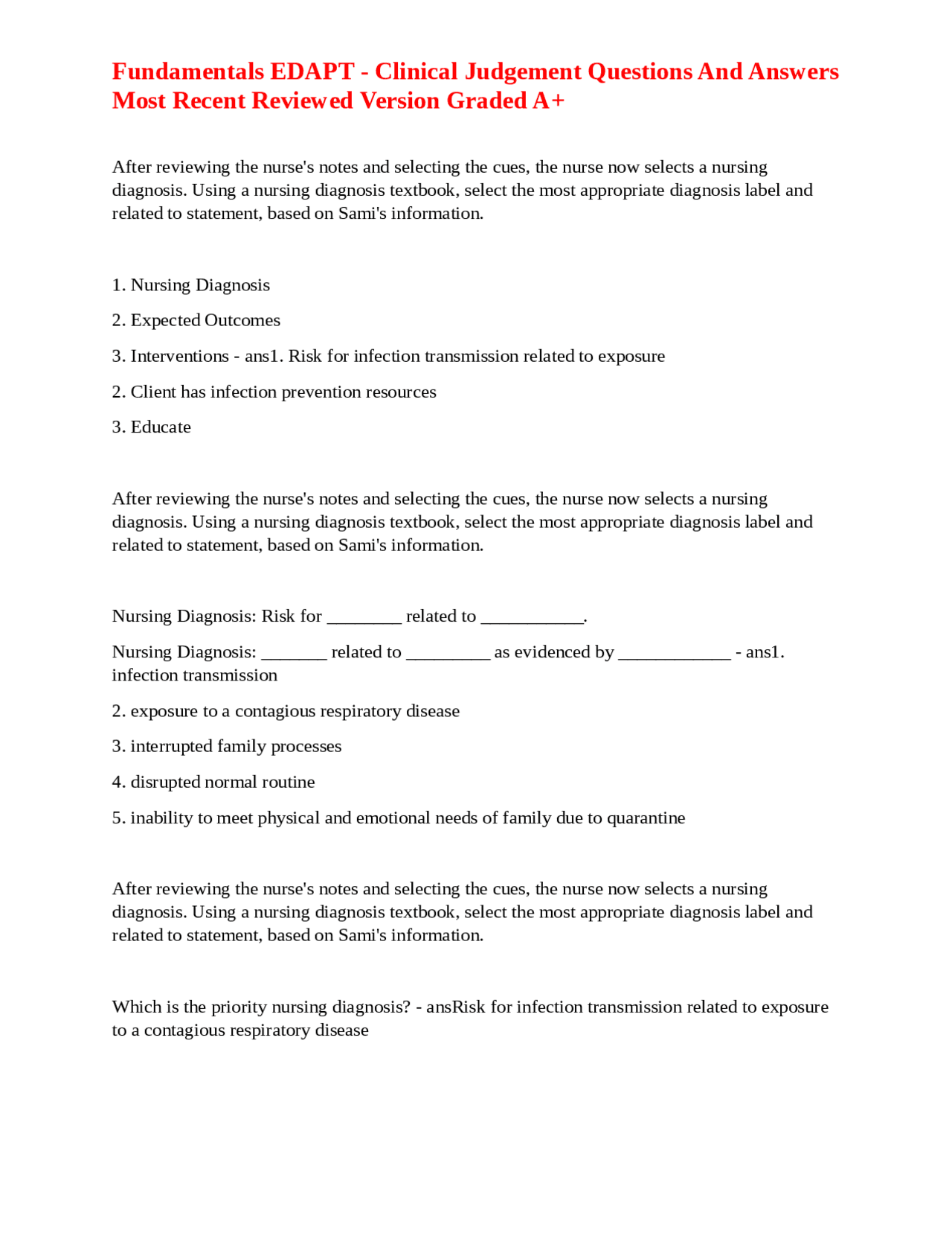 Fundamentals EDAPT - Clinical Judgement Questions And Answers Most ...