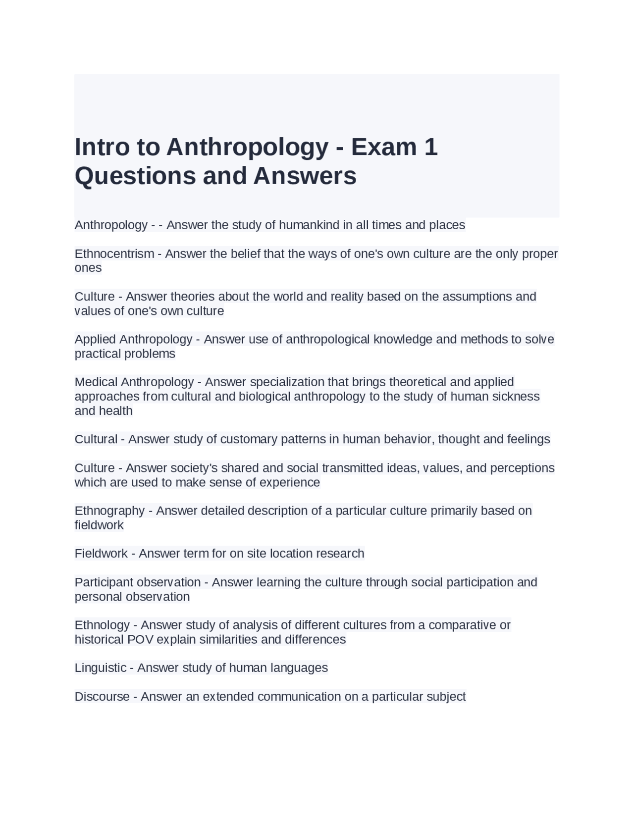 Intro to Anthropology - Exam 1 Questions and Answers | Exams Nursing ...