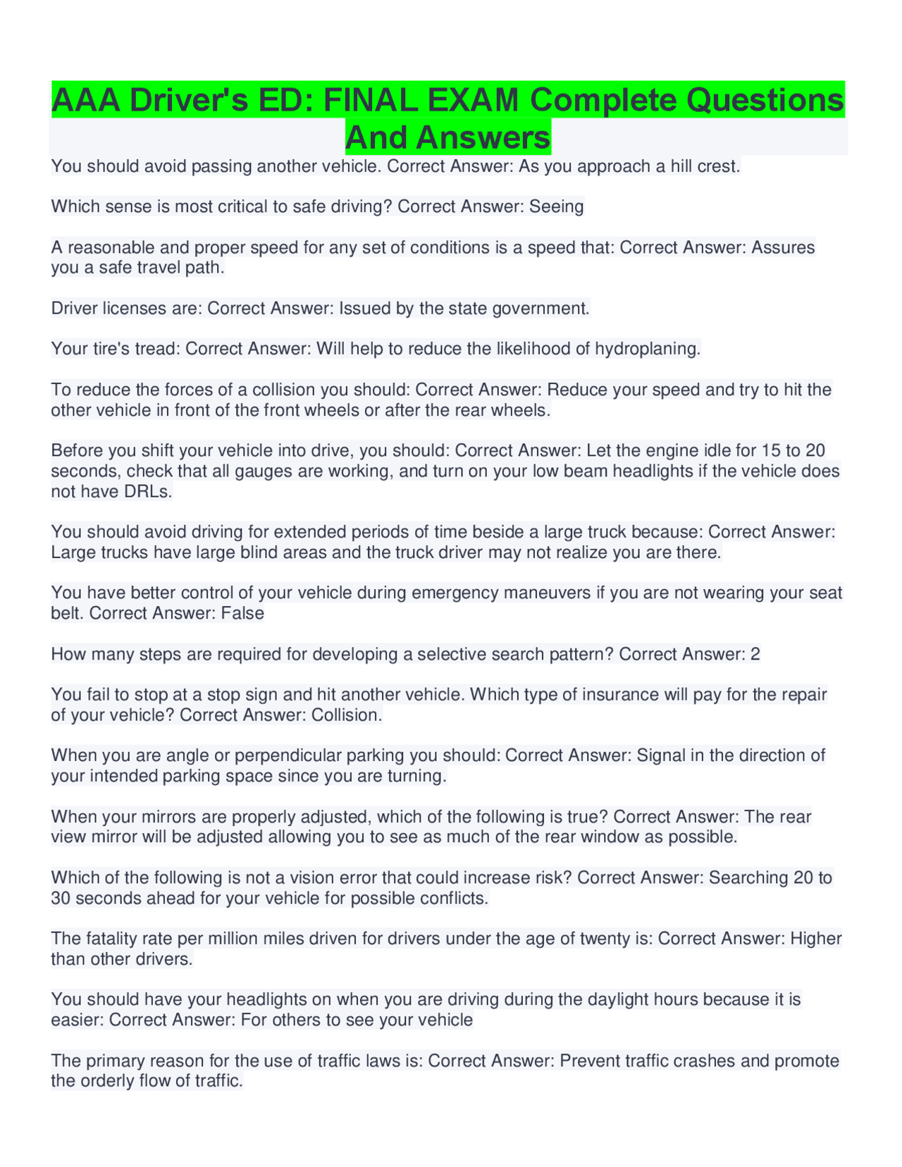 AAA Driver's ED: FINAL EXAM Complete Questions And Answers | Exams ...