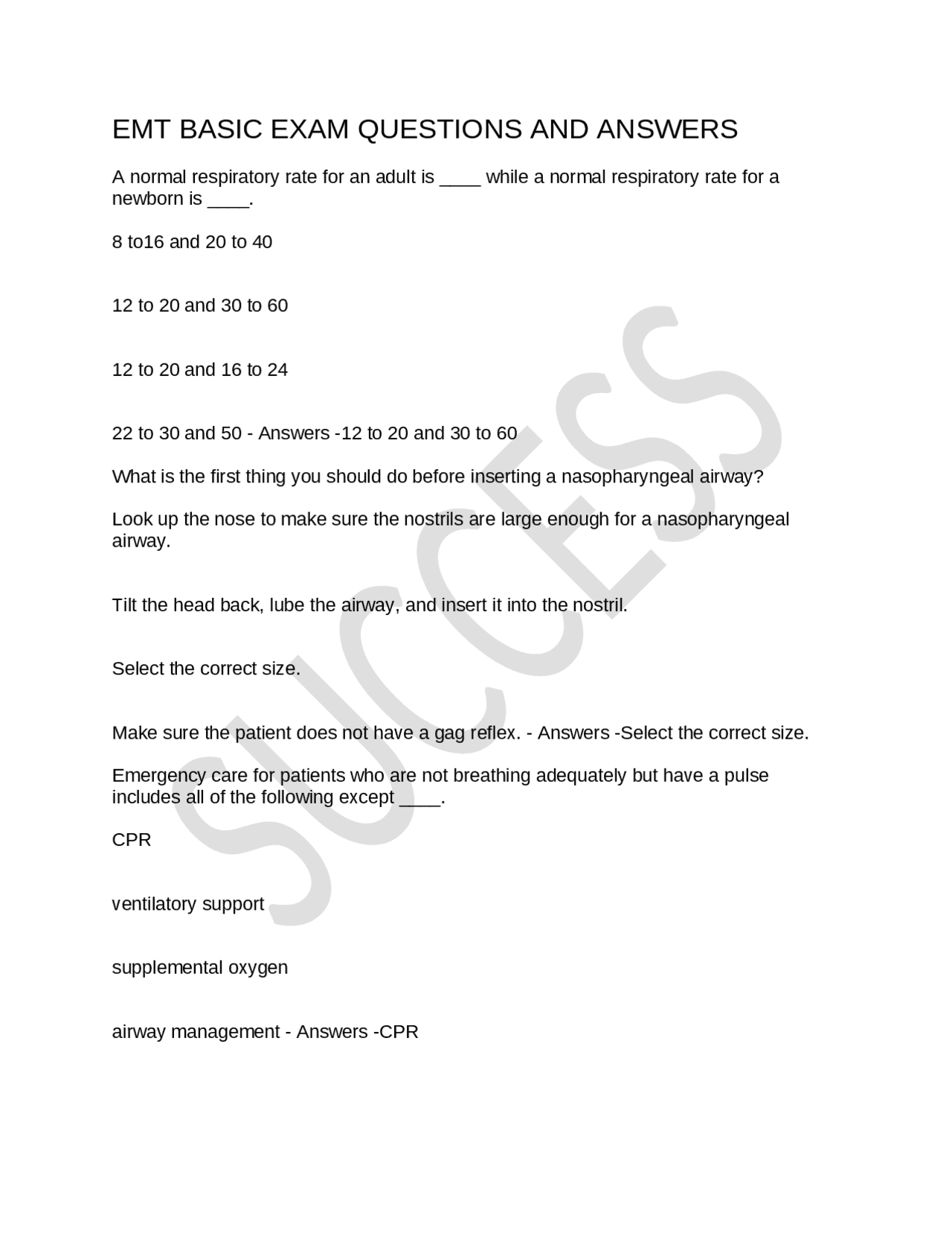 EMT BASIC EXAM QUESTIONS AND ANSWERS | Exams Nursing | Docsity