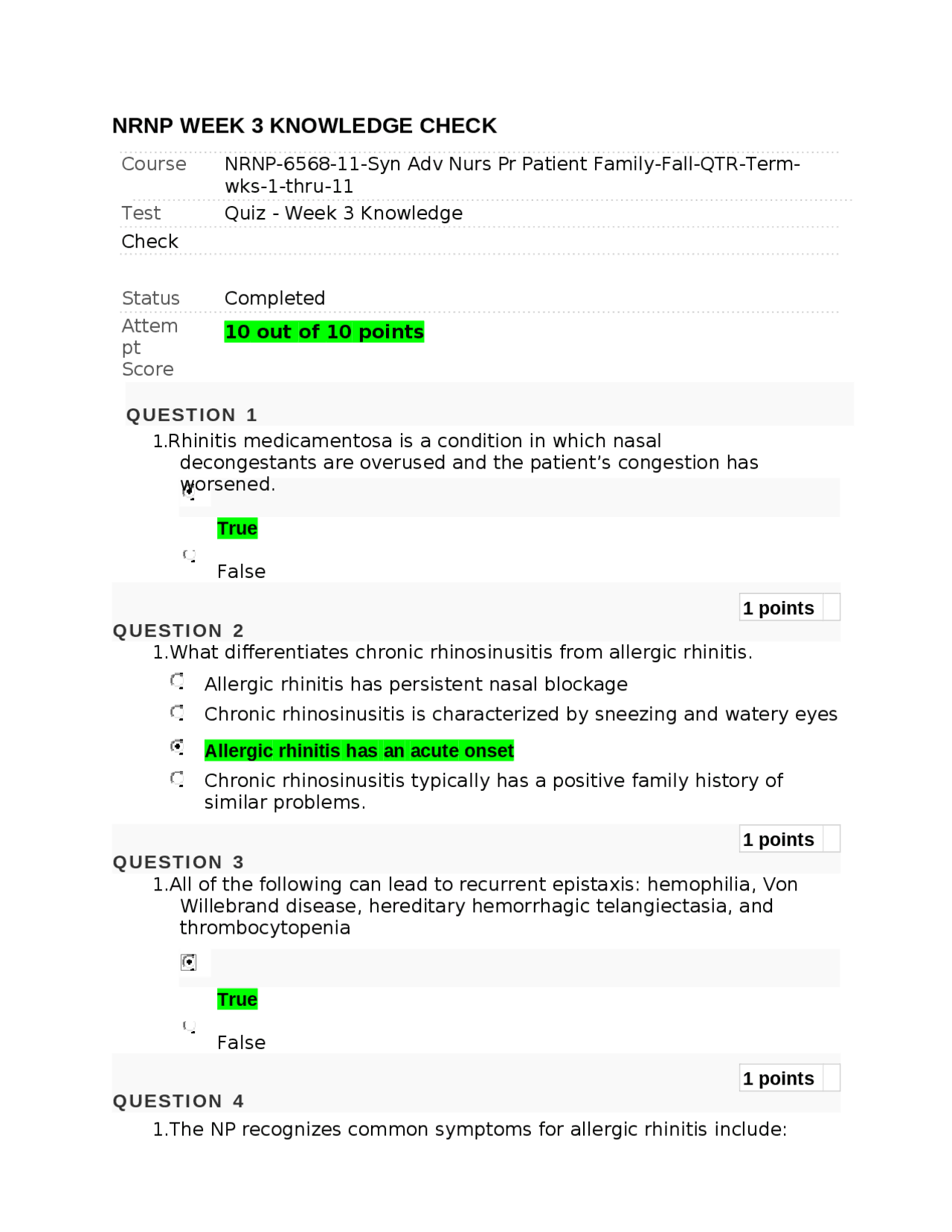 NRNP 6568 Week 3 Quiz - Knowledge Check (10 out of 10 points) | Quizzes ...