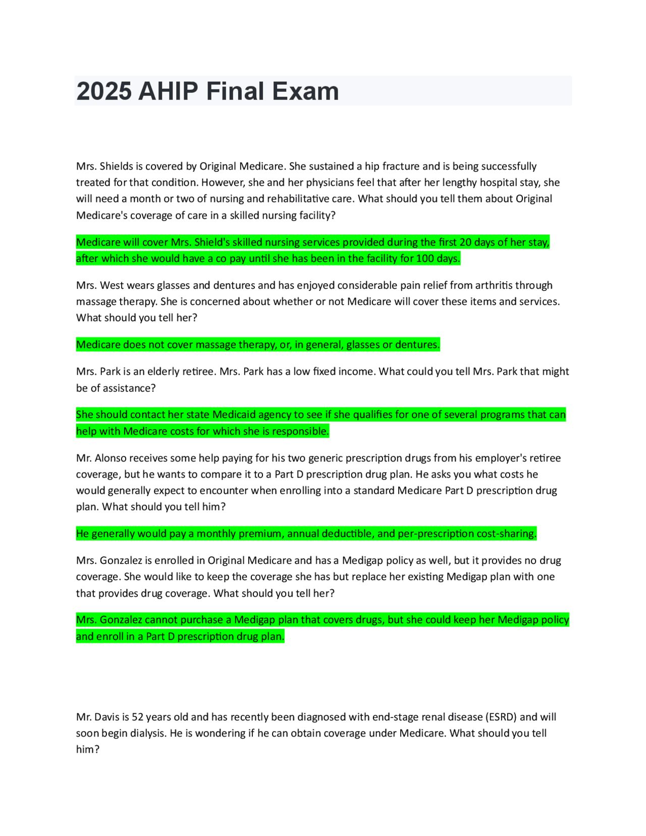 2025 AHIP Final Exam Mrs. Shields is covered by Original Medicar ...