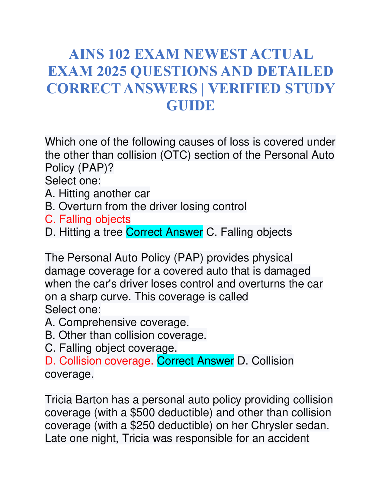 AINS 102 EXAM NEWEST ACTUAL EXAM 2025 QUESTIONS AND DETAILED CORRECT ...