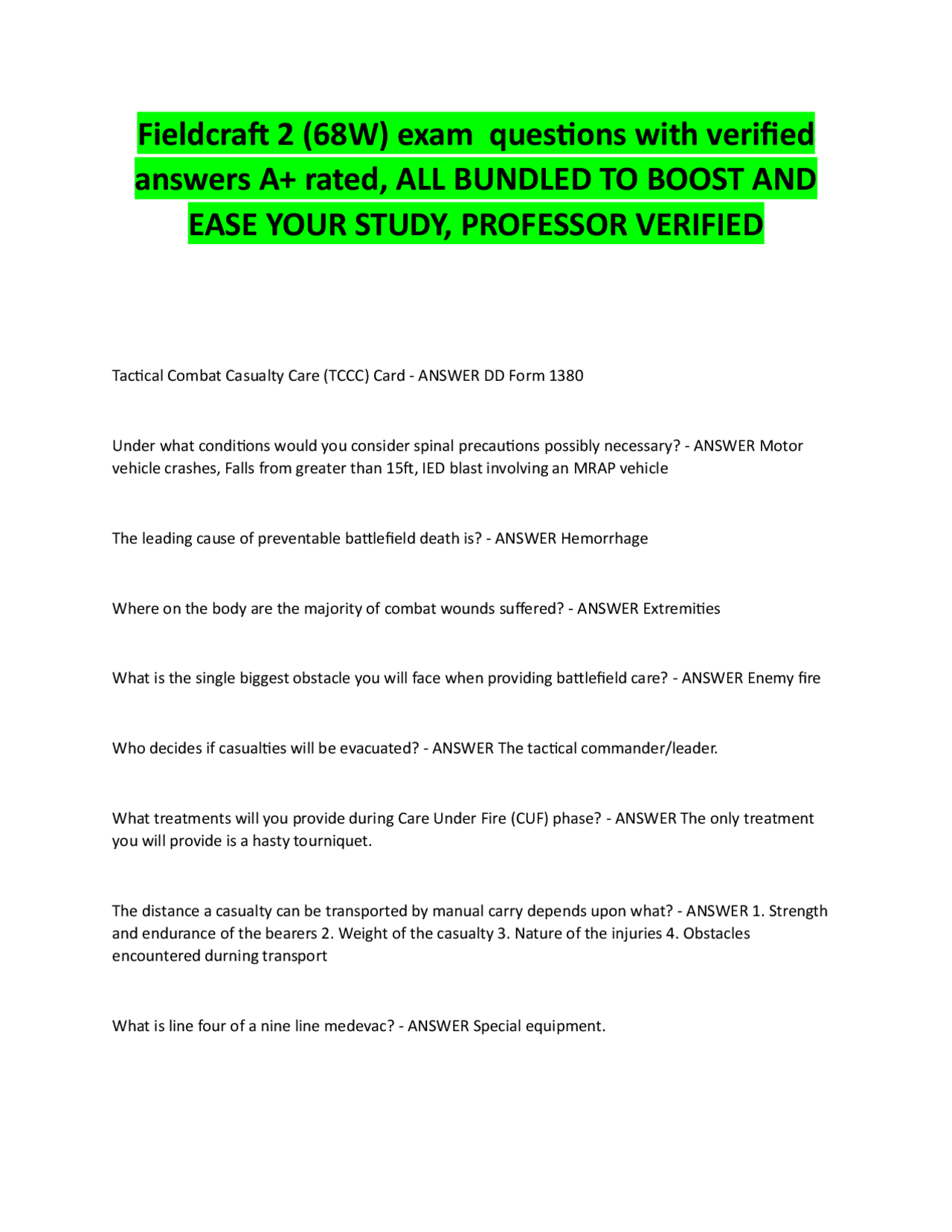 Fieldcraft 2 (68W) exam questions with verified answers A+ rated, ALL ...