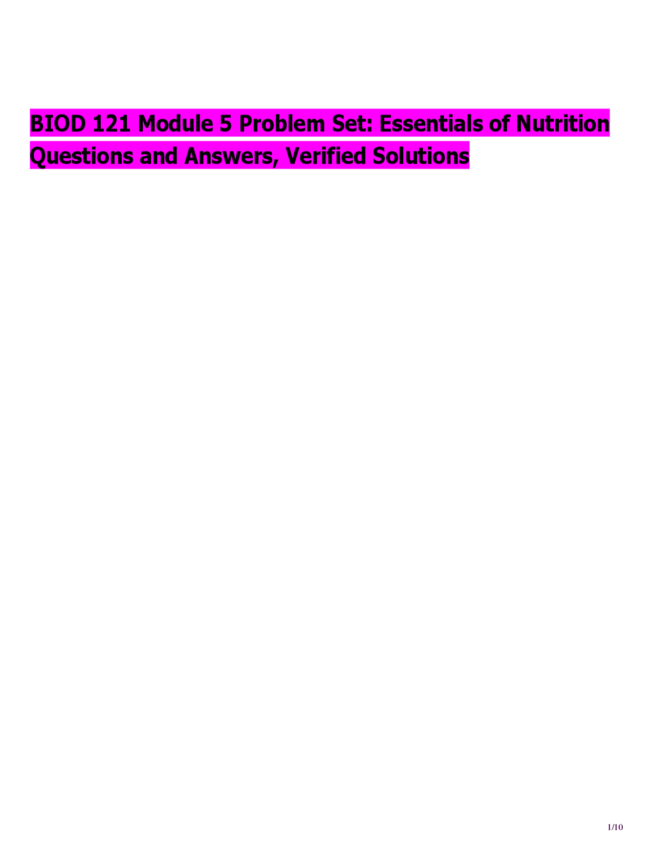 BIOD 121 Module 5 Problem Set: Essentials of Nutrition Questions and ...