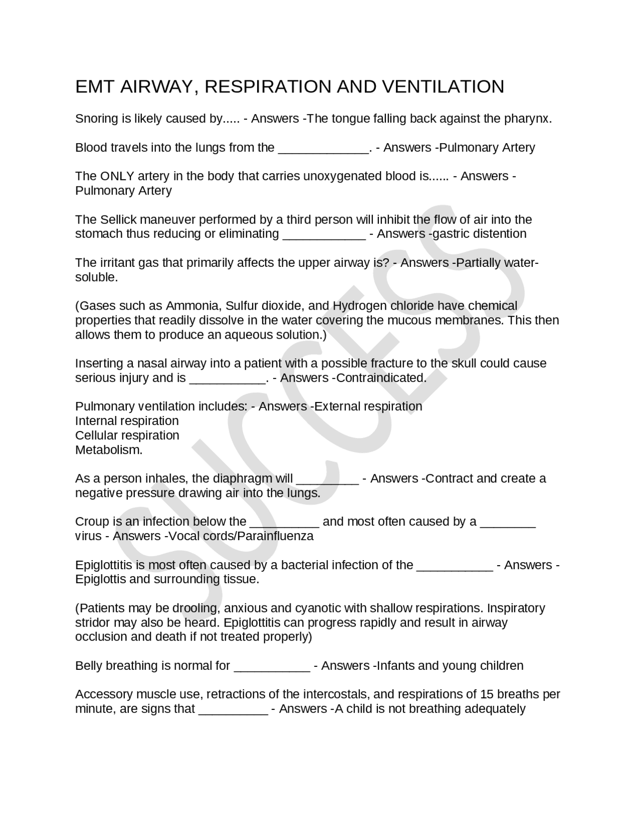 EMT AIRWAY, RESPIRATION AND VENTILATION | Exams Nursing | Docsity