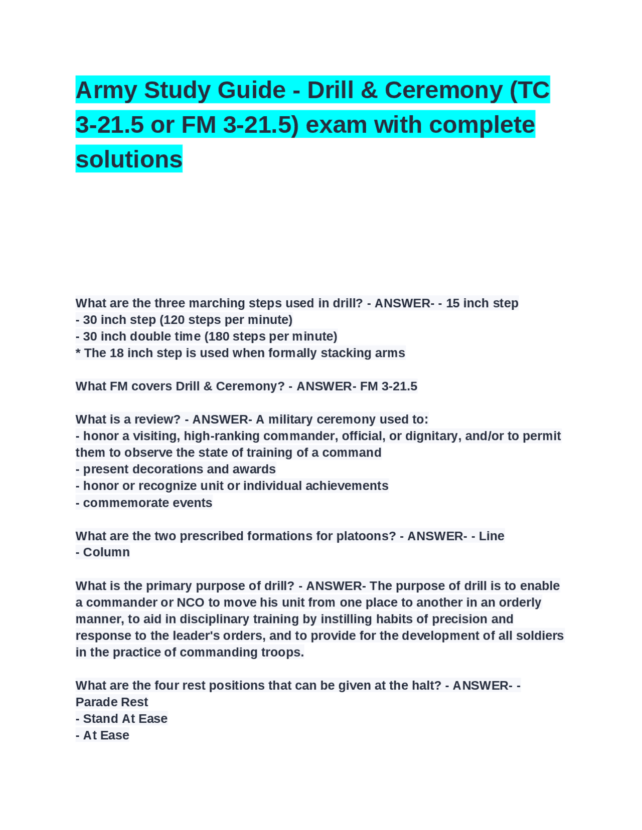 Army Study Guide - Drill & Ceremony (TC 3-21.5 or FM 3-21.5) exam with ...