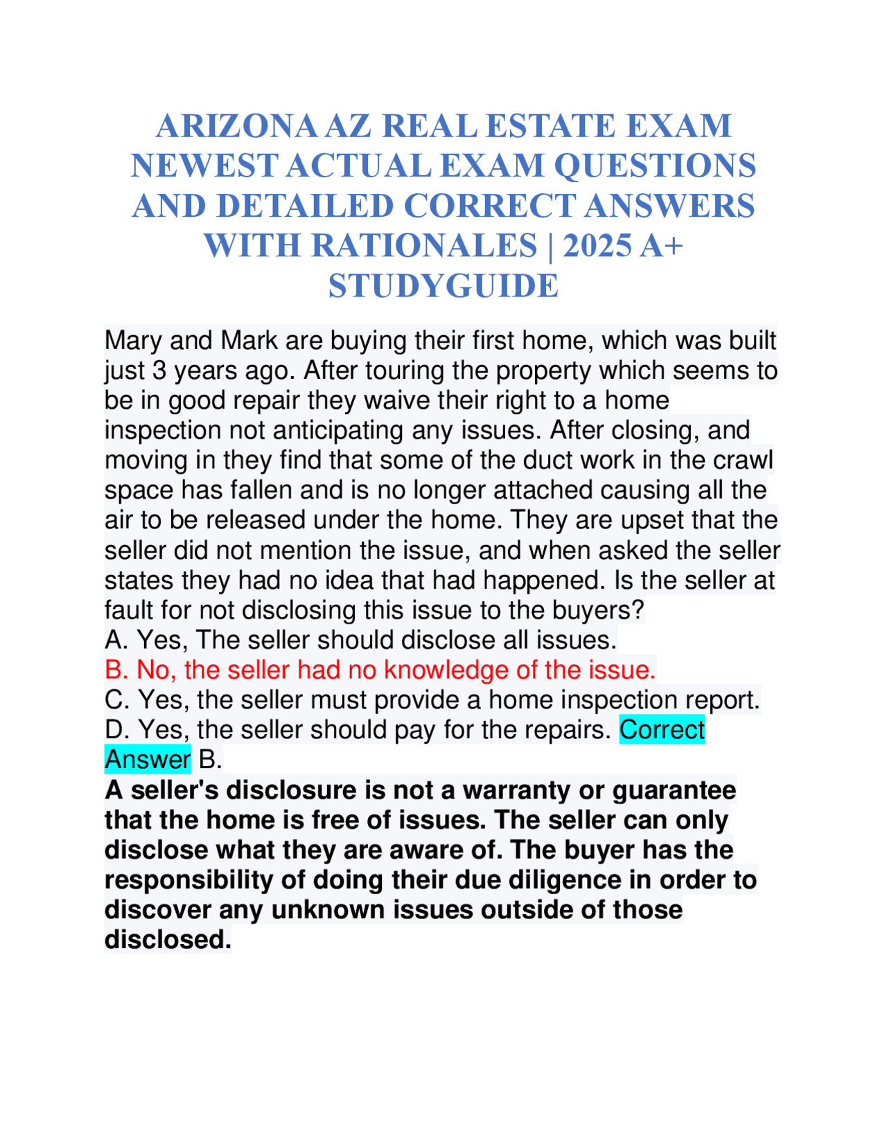 ARIZONA AZ REAL ESTATE NEWEST ACTUAL EXAM 2025 QUESTIONS AND DETAILED ...
