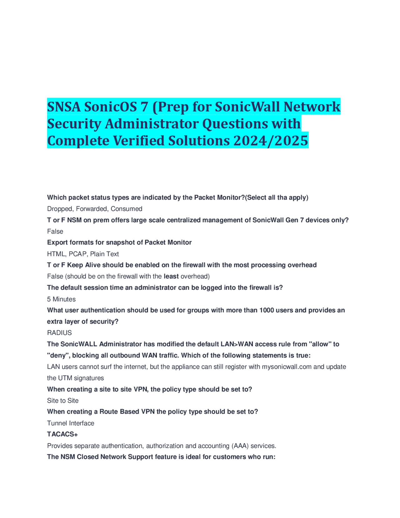 SNSA SonicOS 7 (Prep for SonicWall Network Security Administrator Questions with Complete ...
