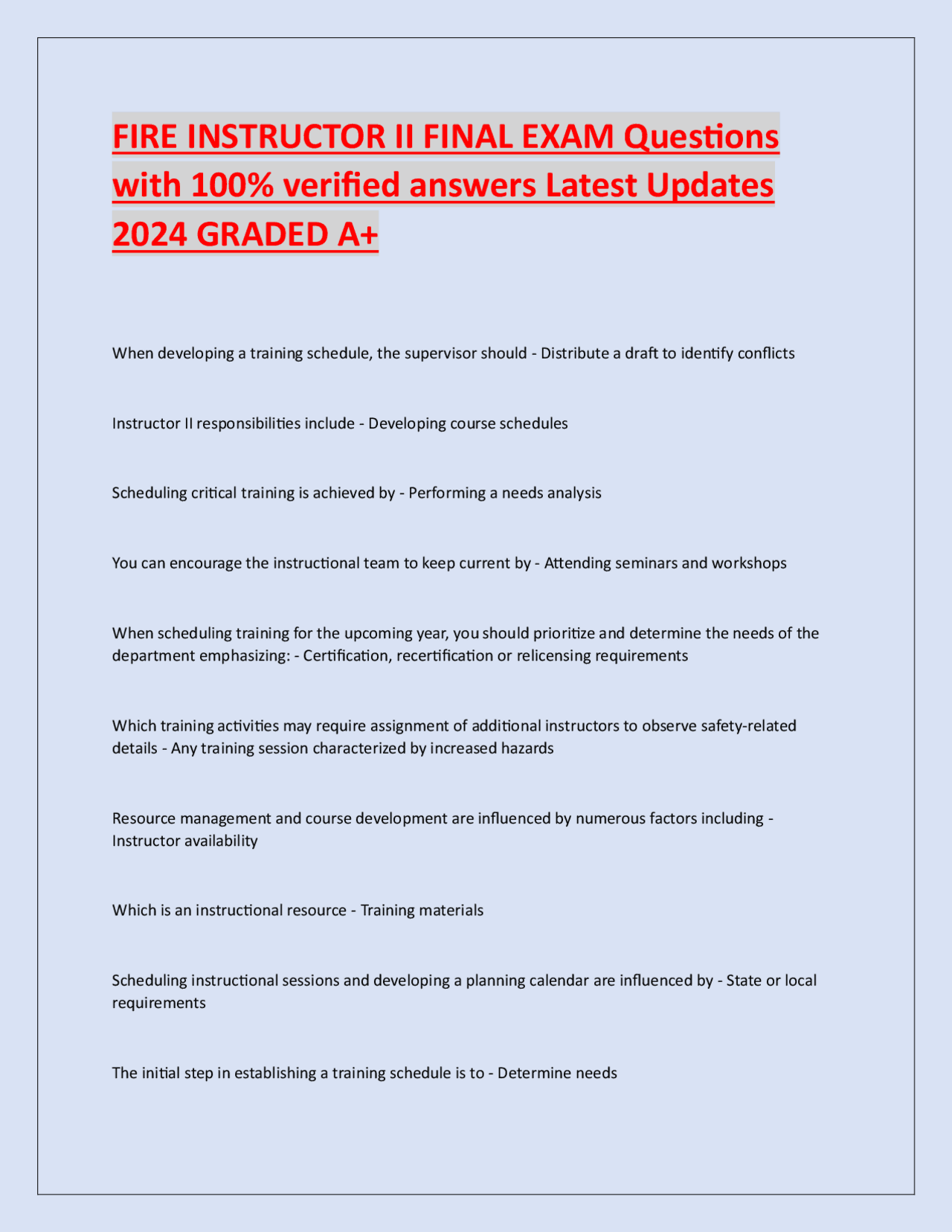 FIRE INSTRUCTOR II FINAL EXAM Questions with 100% verified answers ...