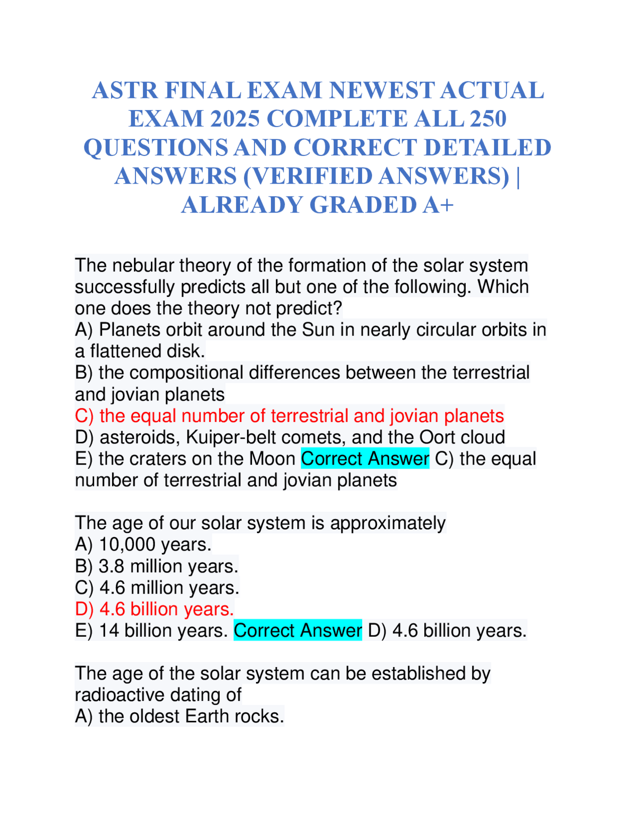 ASTR FINAL EXAM NEWEST ACTUAL EXAM 2025 COMPLETE ALL 250 QUESTIONS AND CORRECT ANSWERS | Exams ...