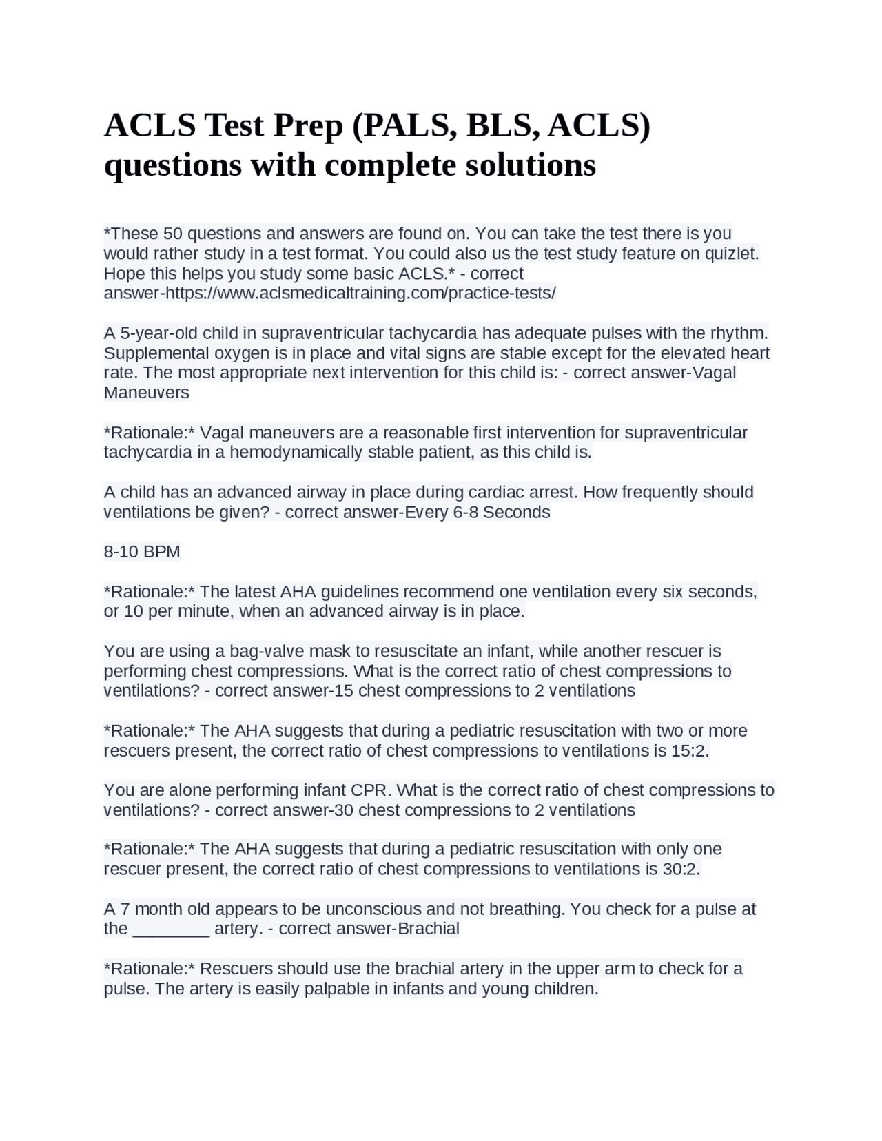 ACLS Test Prep (PALS, BLS, ACLS) questions with complete solutions ...