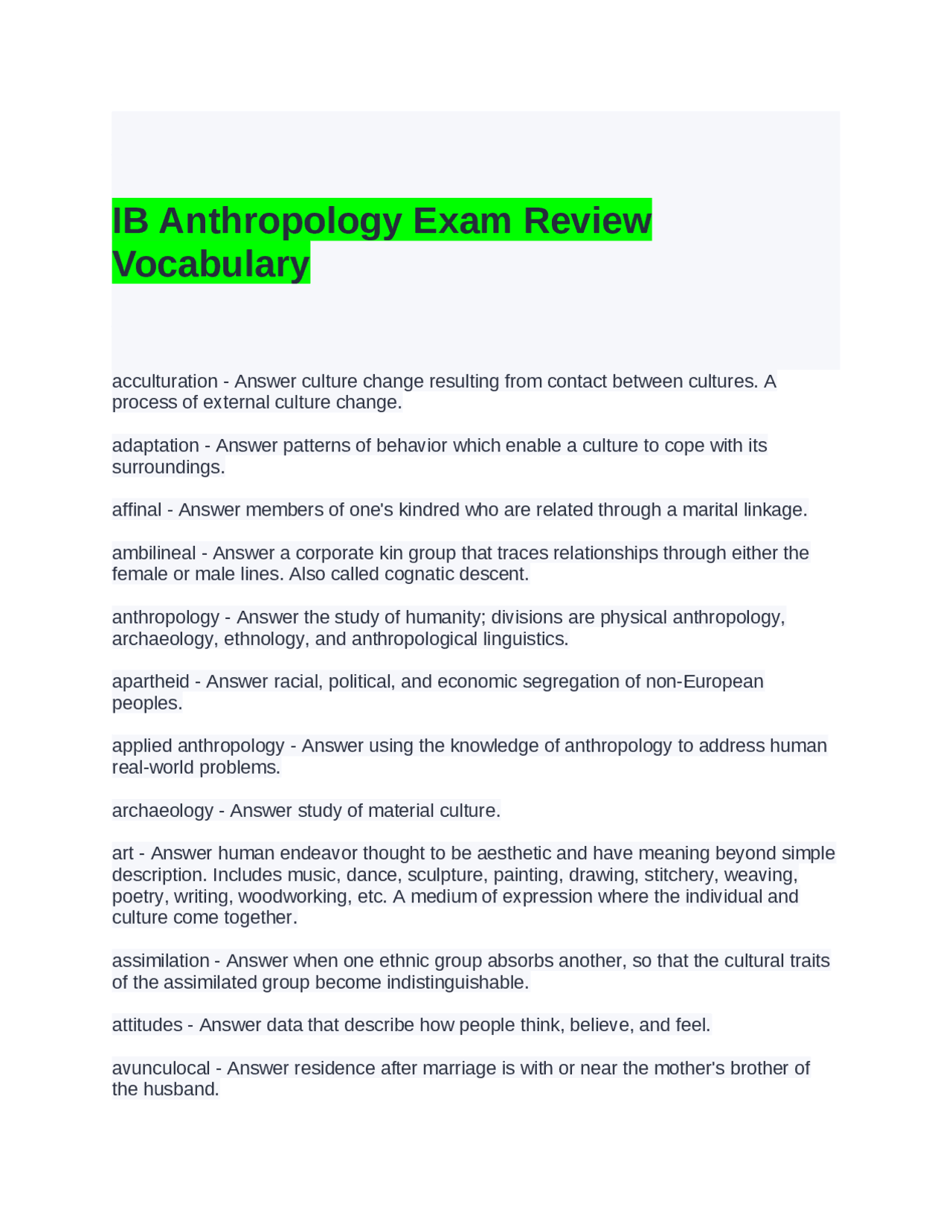 IB Anthropology Exam Review Vocabulary Questions with correct Answers ...