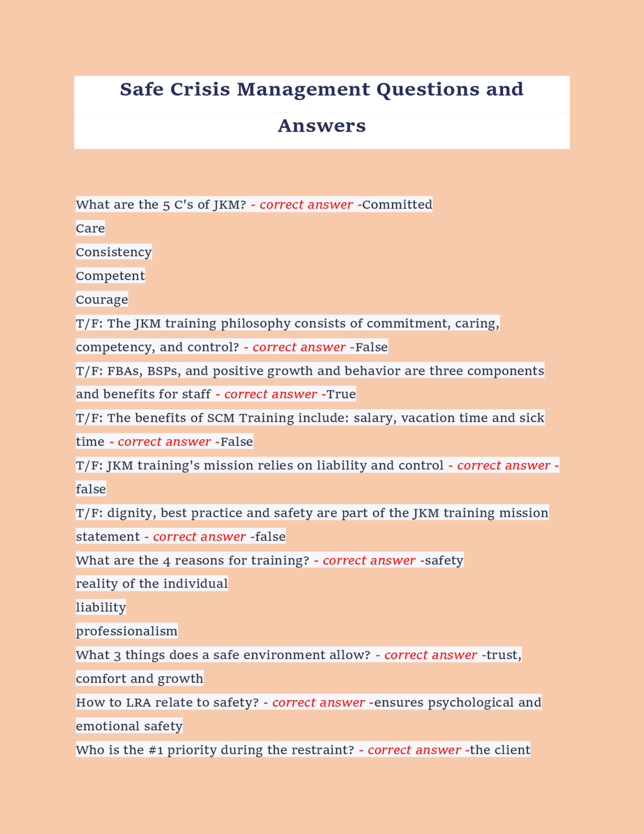 Safe Crisis Management Questions and Answers | Exams Nursing | Docsity