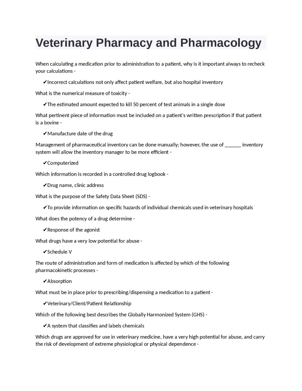 Veterinary Pharmacy and Pharmacology | Exams Pharmacology | Docsity
