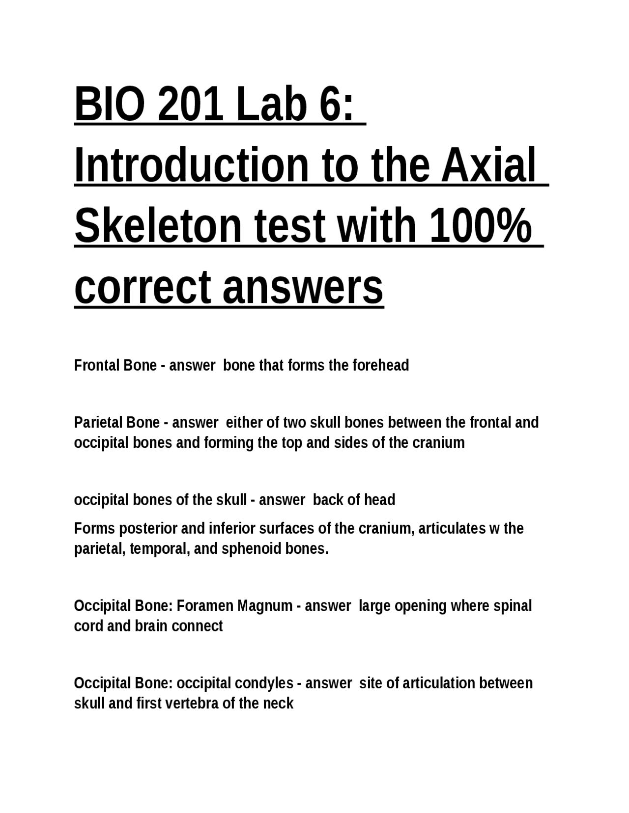BIO 201 Lab 6 Introduction to the Axial Skeleton test with 100% correct ...